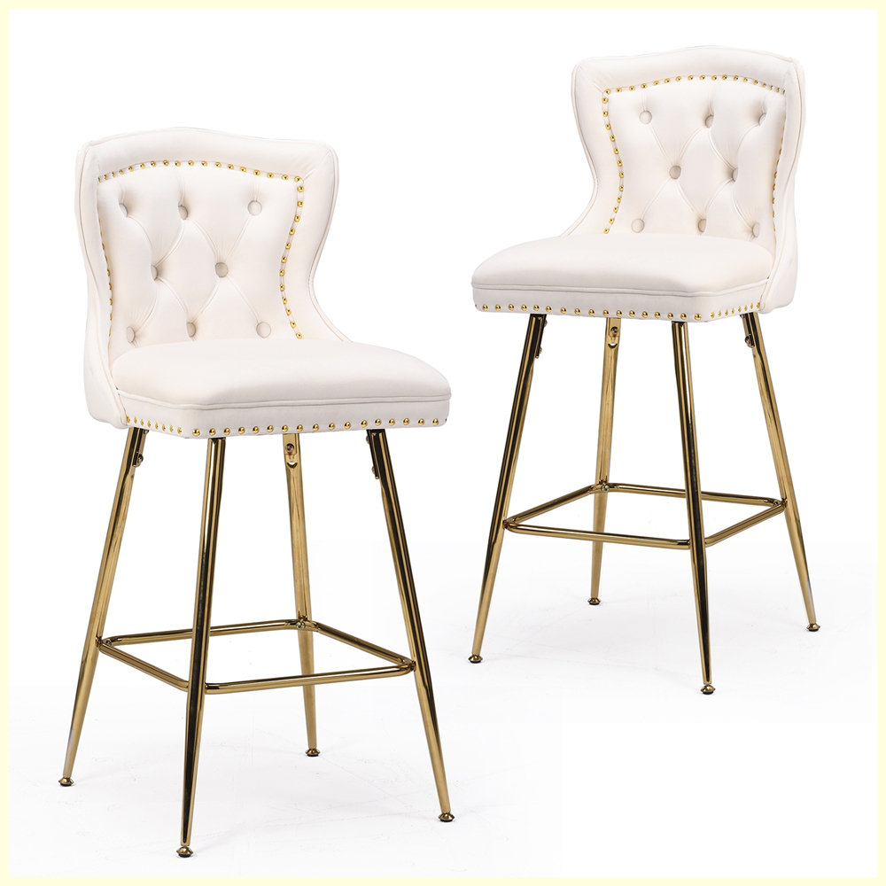 Rosdorf Park Modern Set of 2 Bar Stools with Metal Legs and Nailheads ...