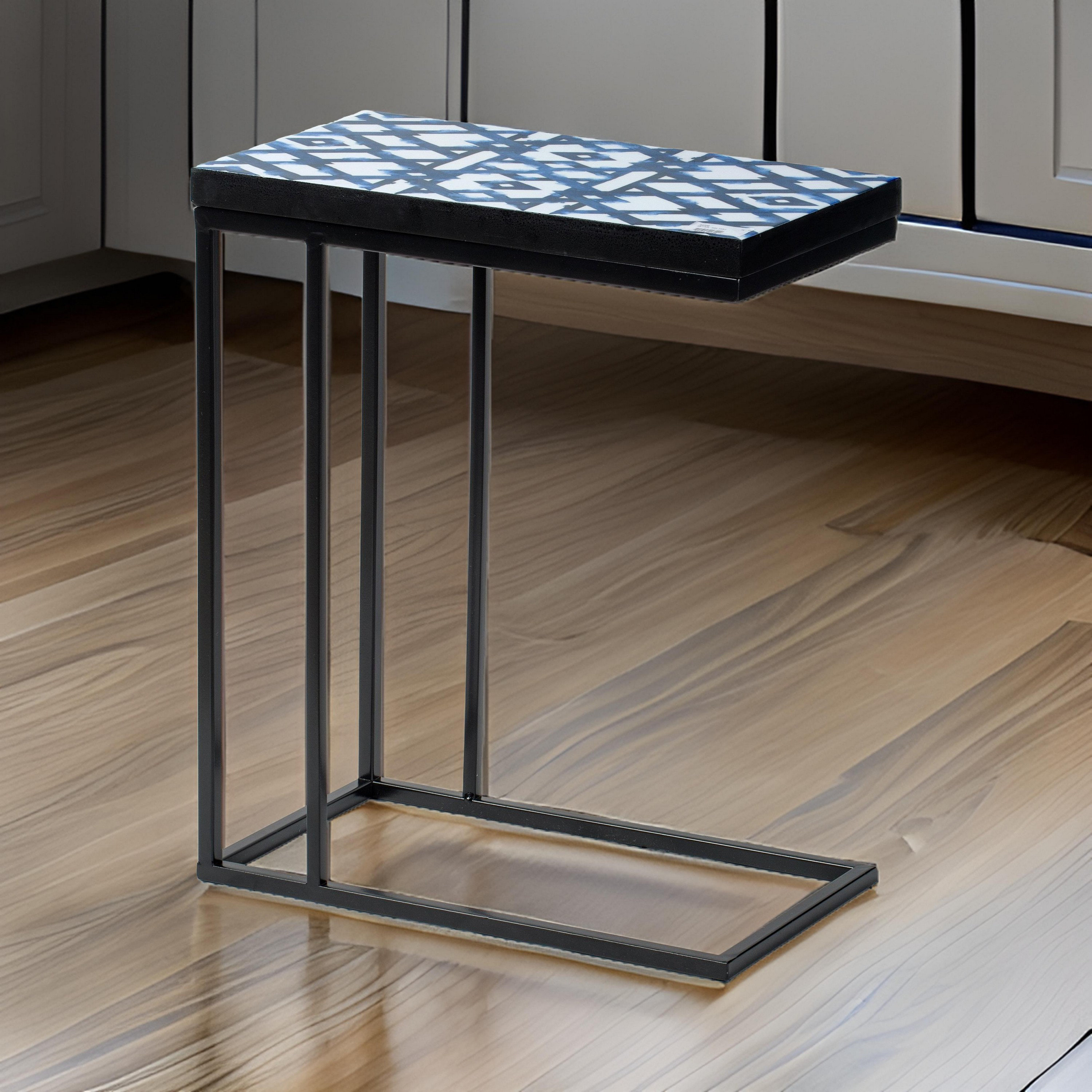 Latitude Run® 24 Inch Side Table, C Shaped, Indigo Patterned Top, Iron ...