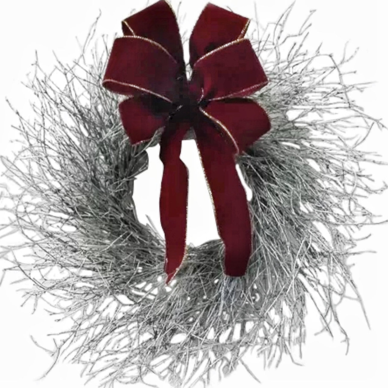 Dried Flowers and Wreaths LLC Silver Twigs Wreath with Burgundy Velvet ...