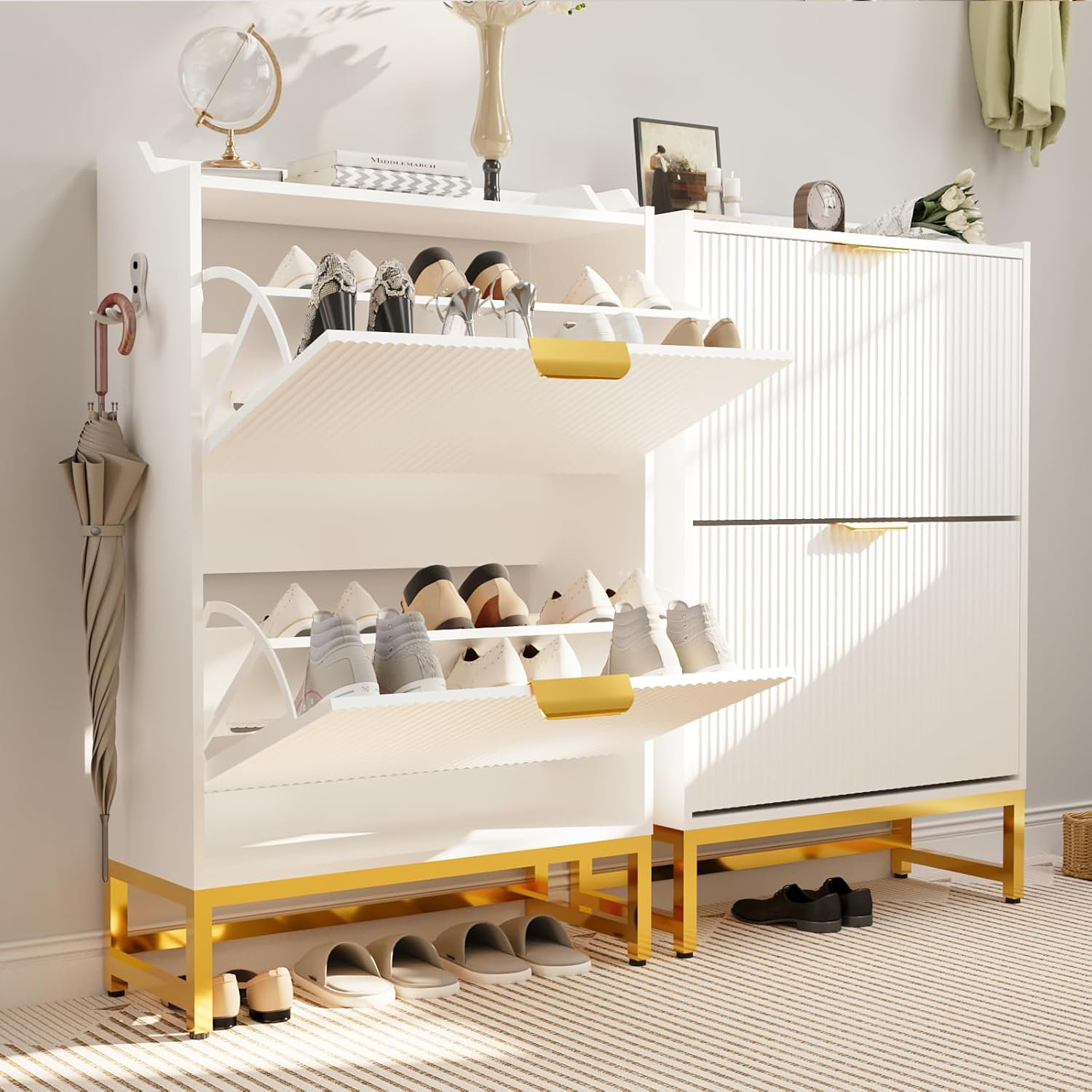 Mercer41 Narrow Shoe Storage Cabinet with 3 Flip Drawers, Farmhouse ...