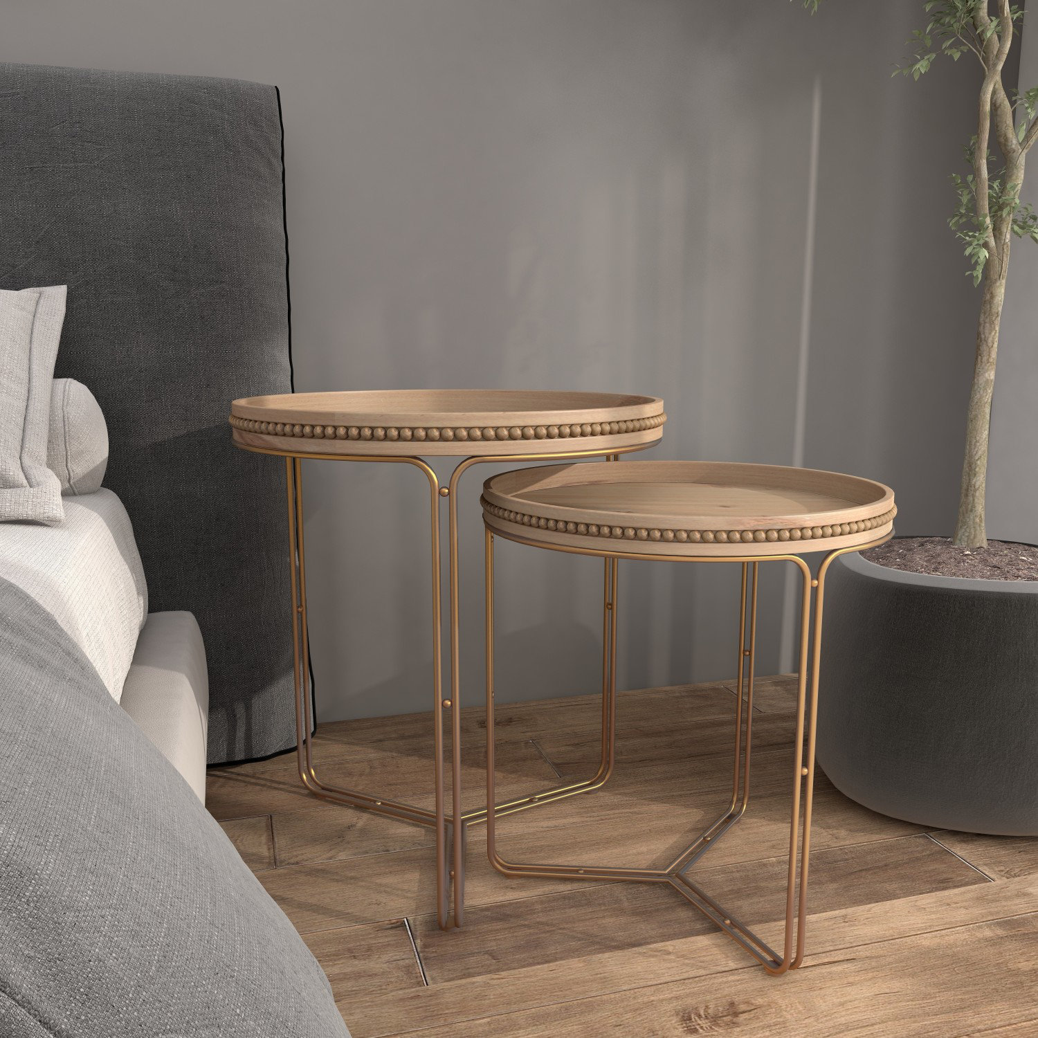 Dakota Fields Wooden Round Beaded Nesting Side End Brown Accent Table ...