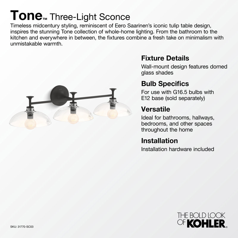 Kohler Tone 3 Light Indoor Bathroom Vanity Light Fixture, UL Listed ...