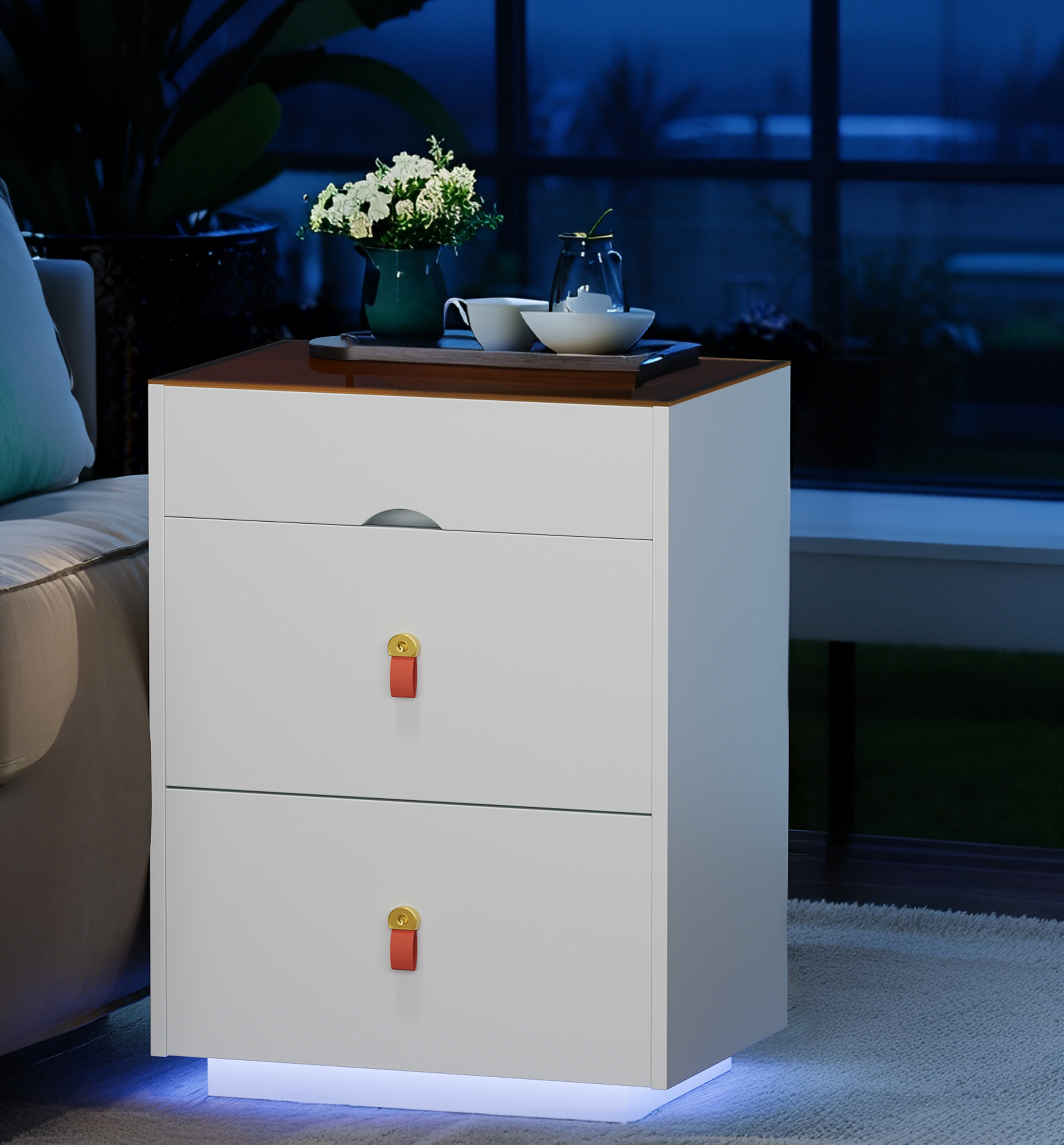 Wrought Studio™ Modern Drawer Nightstand with LED Ligh and 3 Storage ...