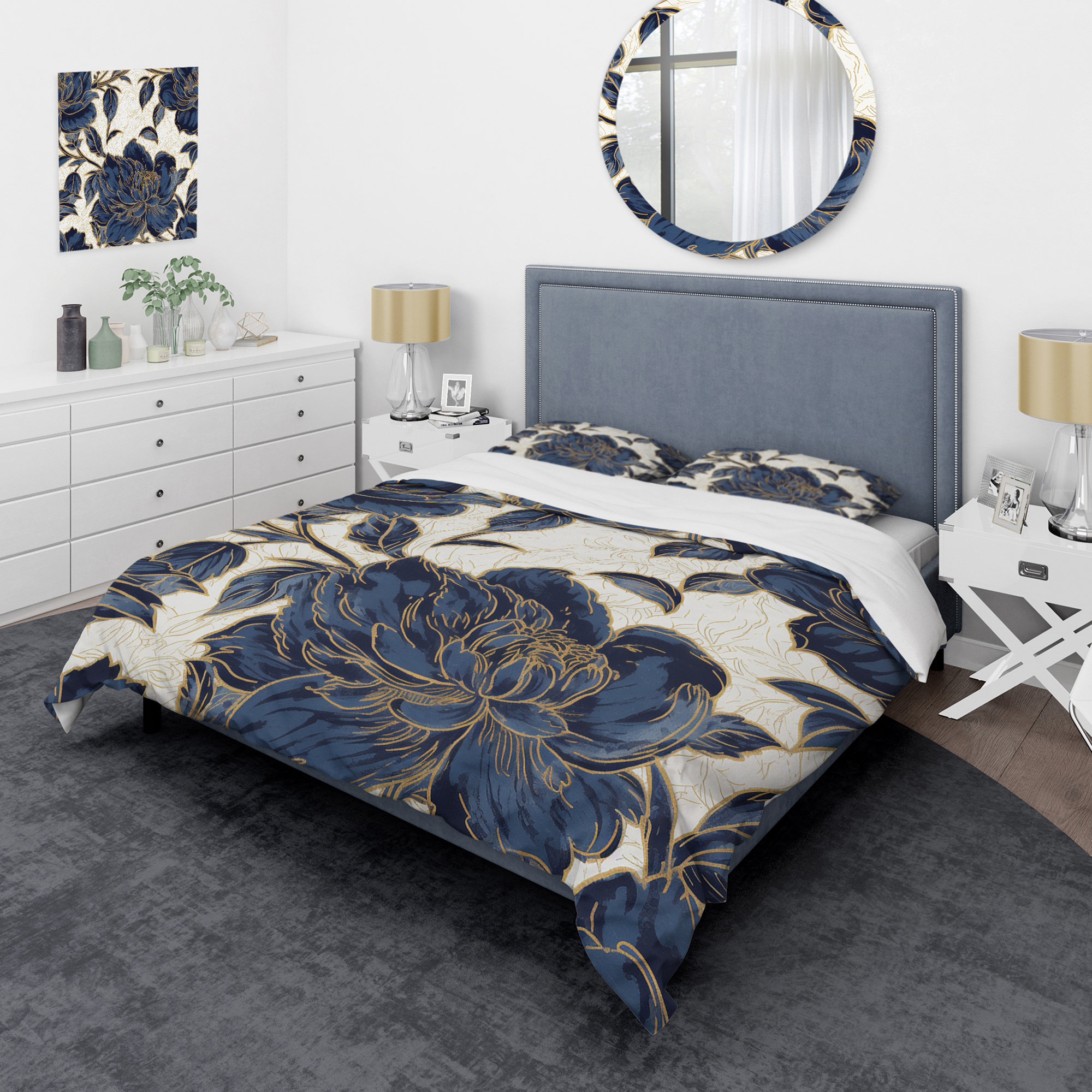 Design Art Blue Gold Peonies Symphony IV BeddingMicrofiber / Polyester ...