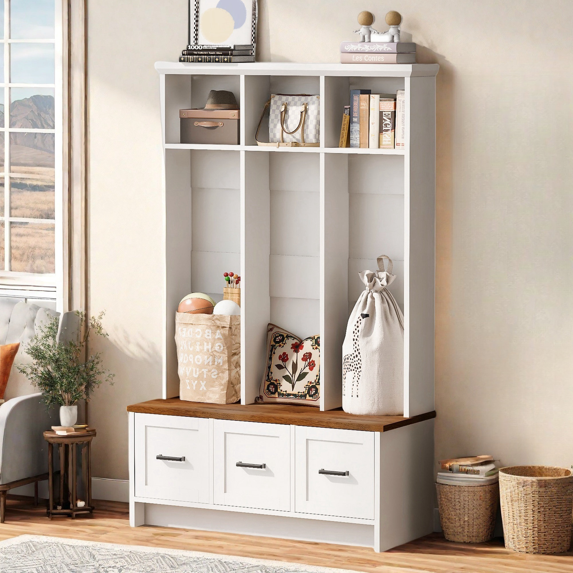 Lark Manor Modern Hall Tree With Entryway Bench, 3 Open Shelves And 3 ...