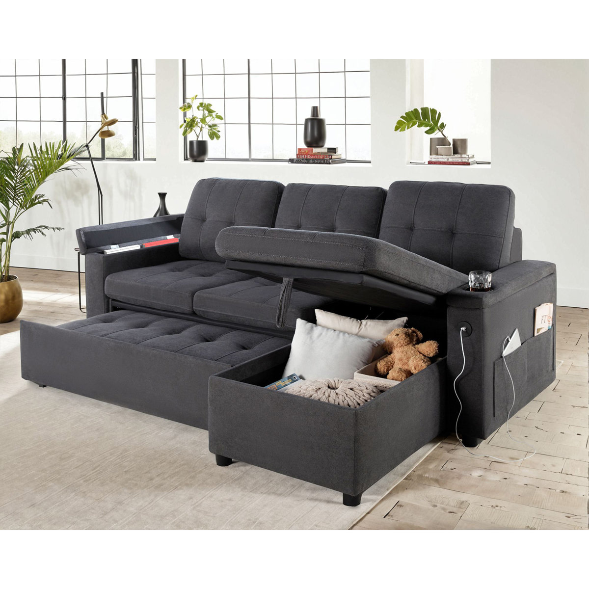 Latitude Run® 84 Inch Pull-Out Sleeper Sofa With Storage Chaise, Tufted ...