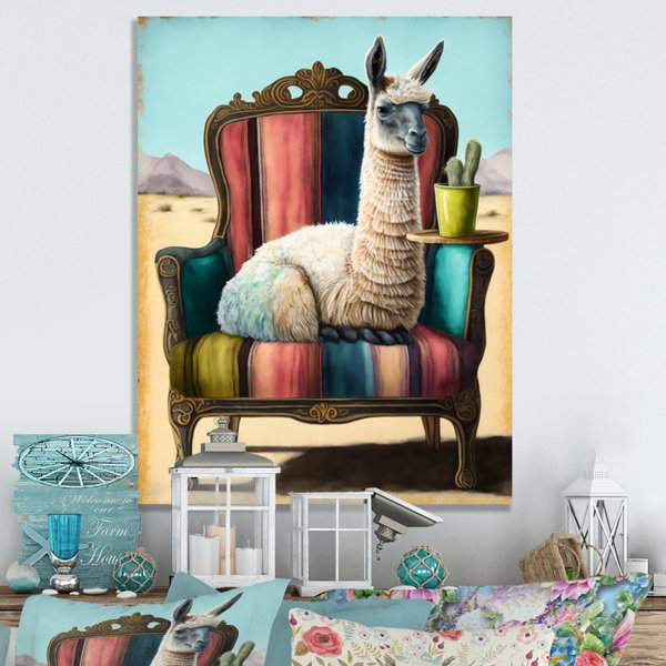 Bungalow Rose Llama Sitting On Lounge Chair In The Dessert On Canvas ...