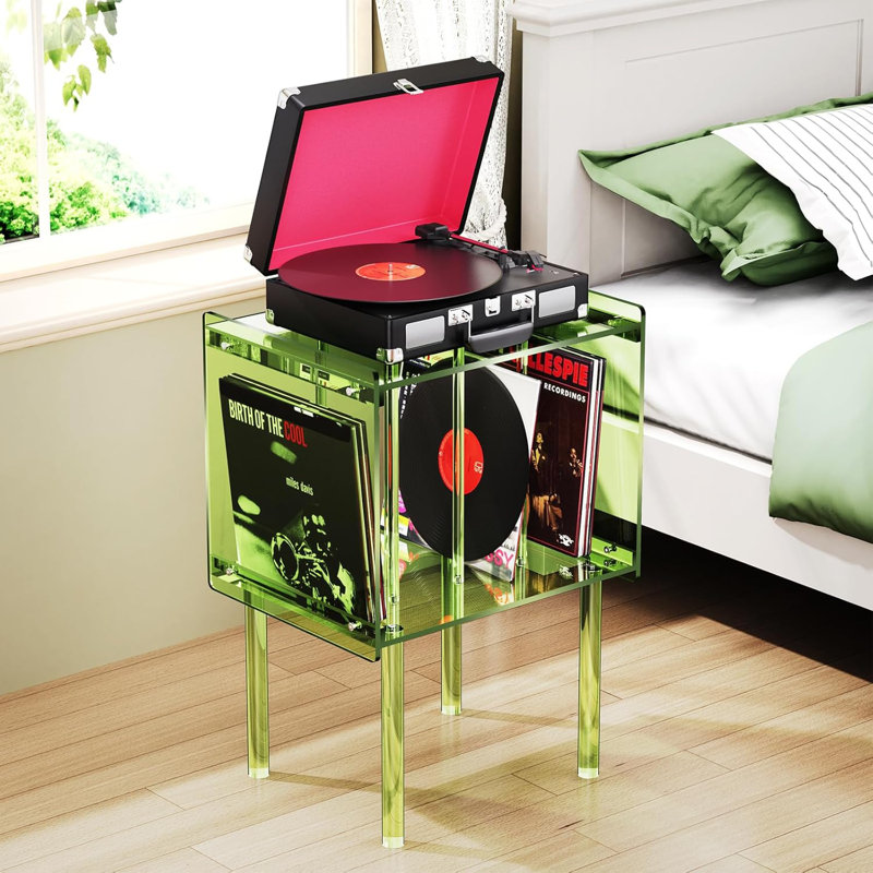 Orren Ellis Acrylic Record Player Stand With Storage - Clear Pink/Green ...