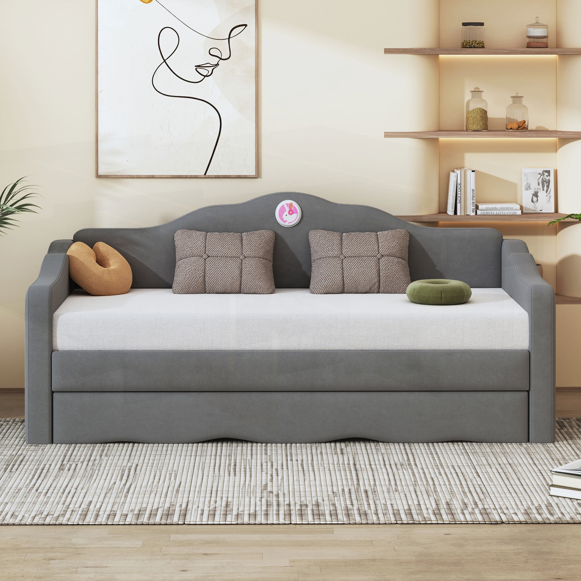 Lark Manor Twin Size Upholstered daybed with Wave-shaped Trundle ...