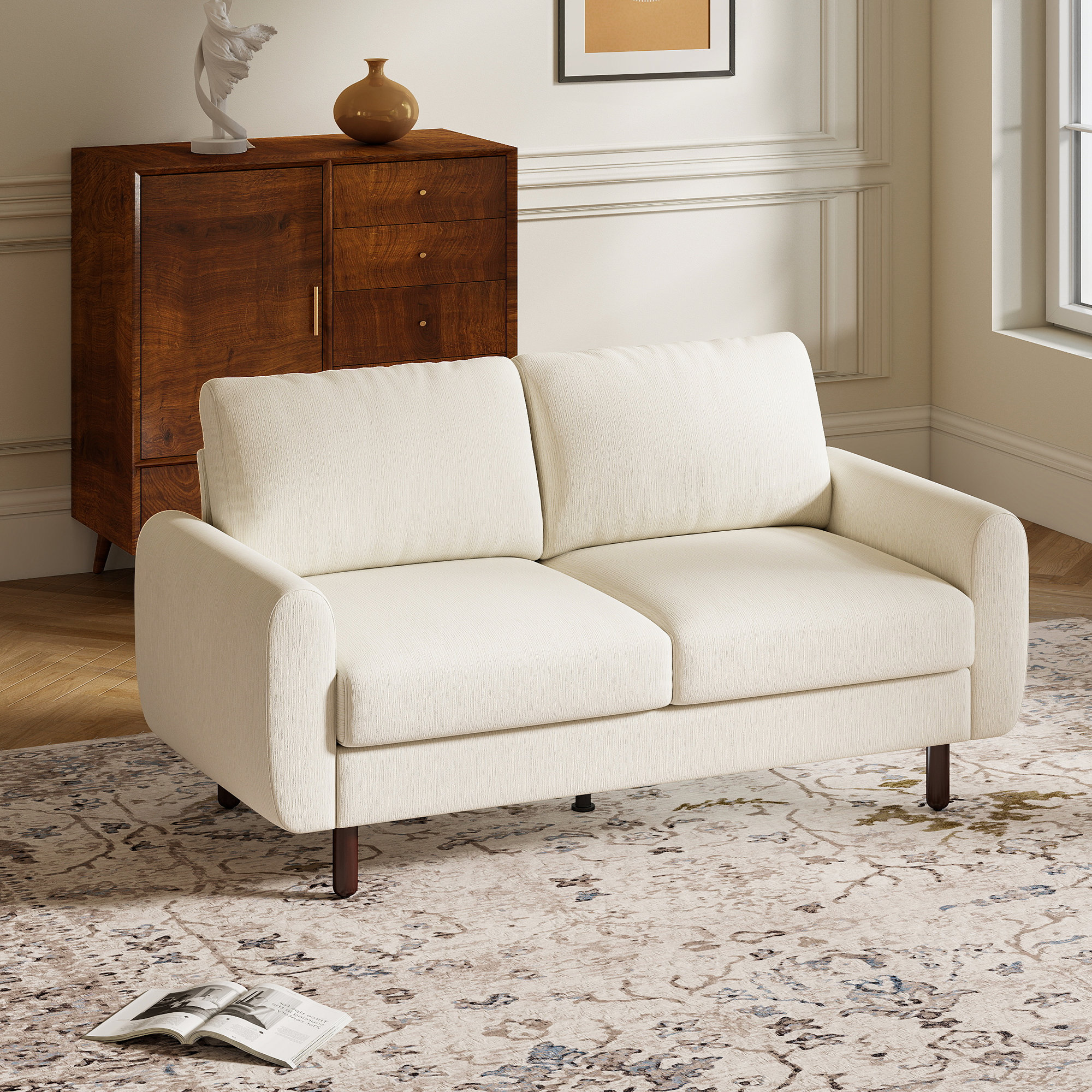 Ebern Designs Mid-century Modern Loveseat With Sloping Round Arms & Pet ...