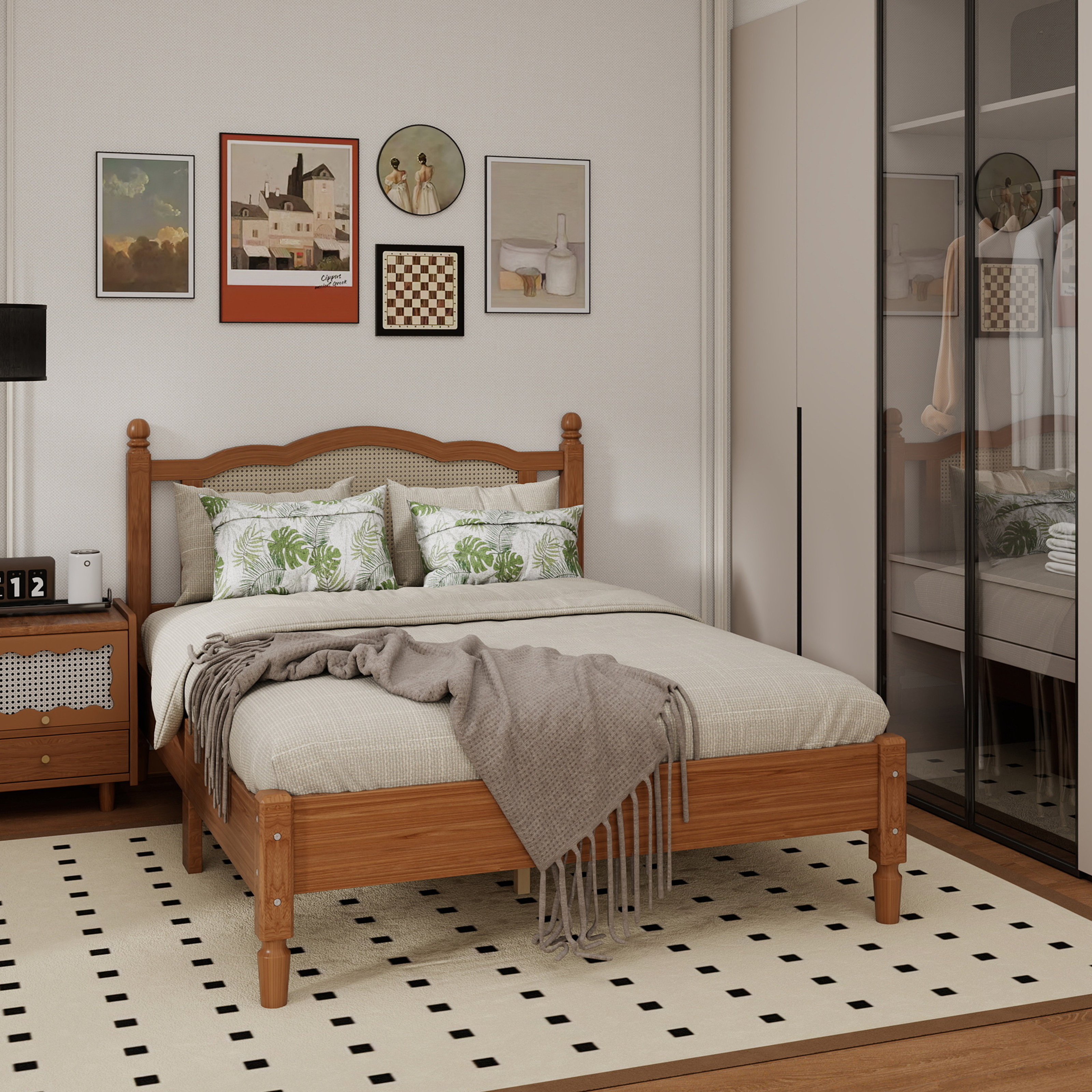 Bay Isle Home™ Wooden Platform Bed With Natural Rattan Headboard ...