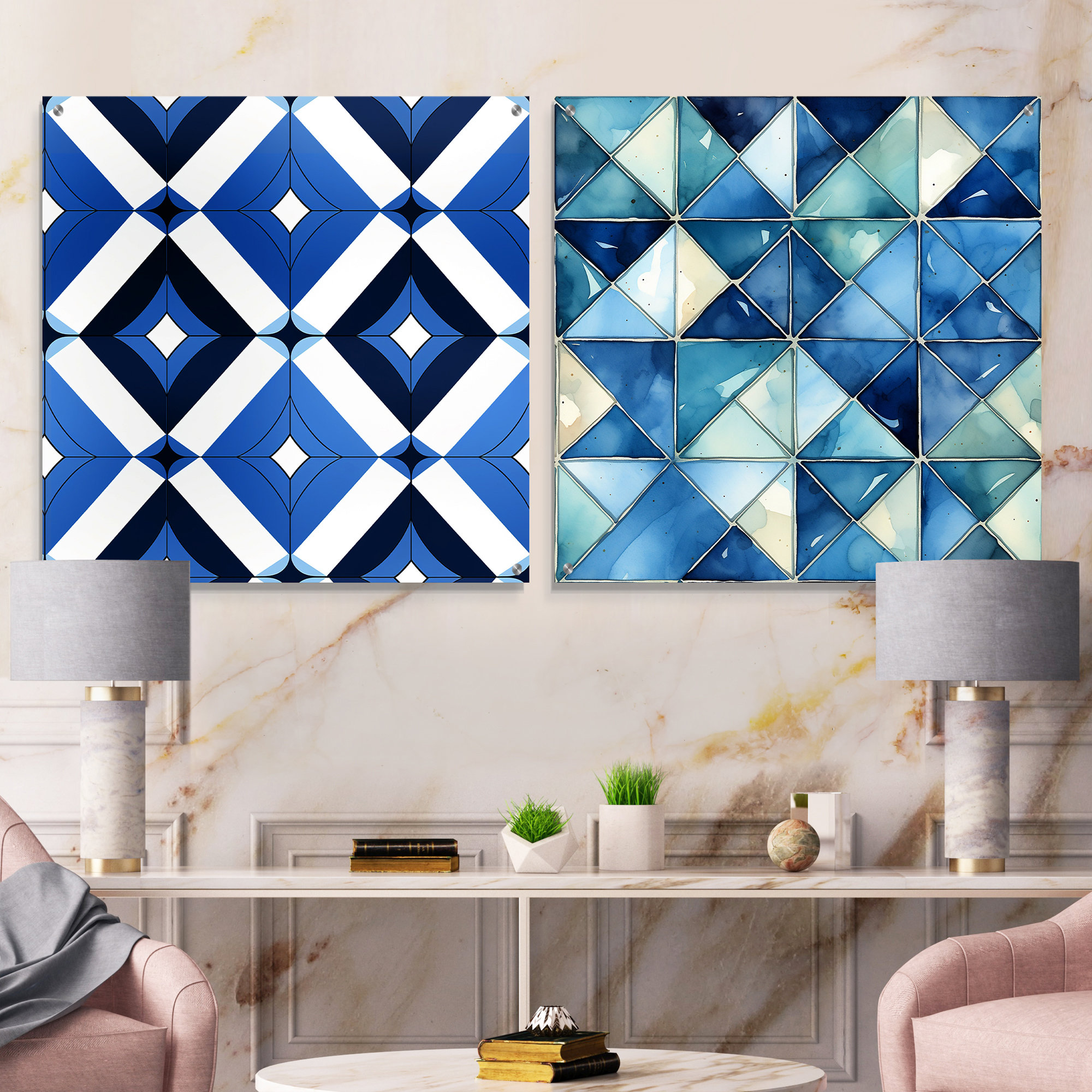 Design Art Minimalist White And Blue Polygons Geometric I - Abstract ...