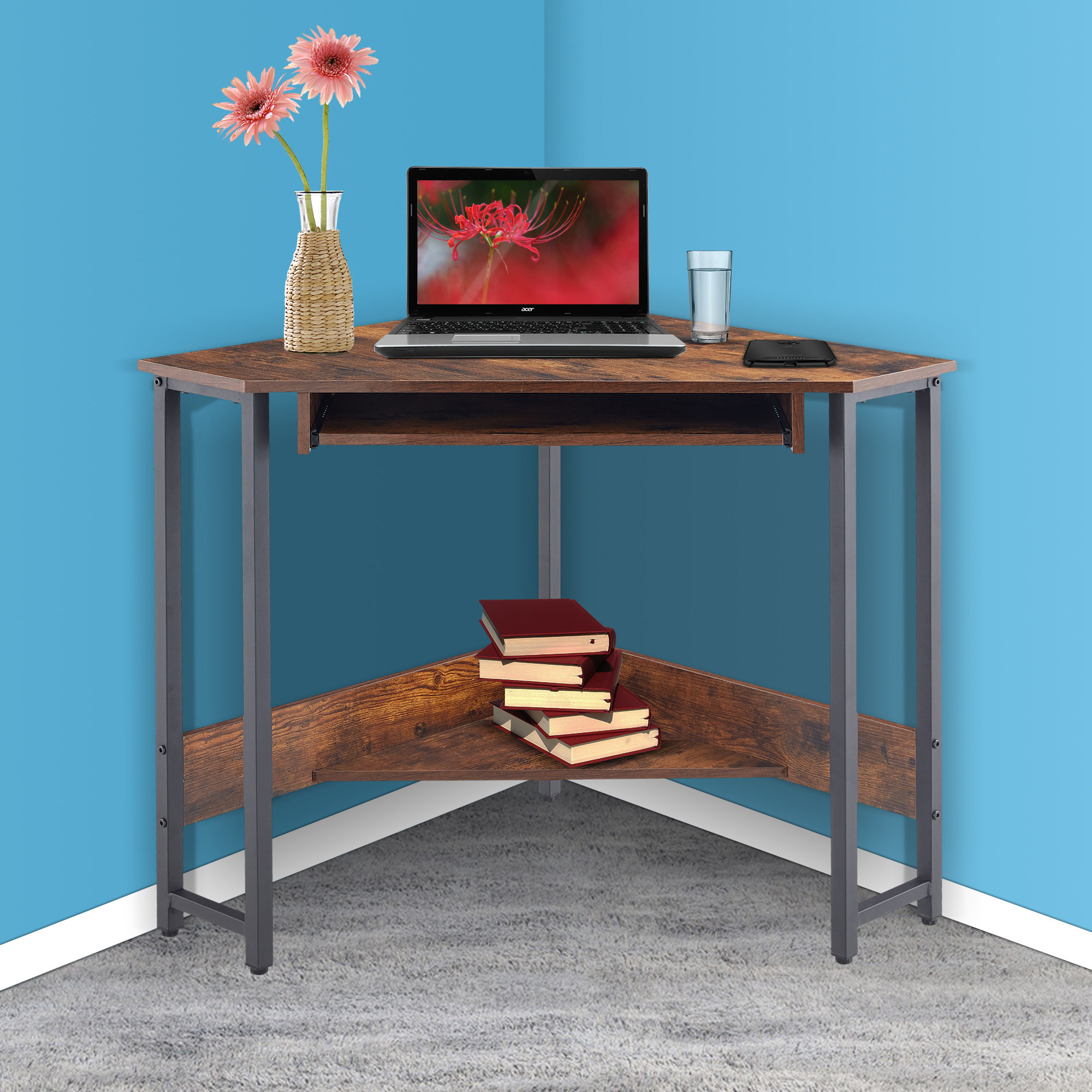 17 Stories Triangle Computer Table with Keyboard Tray | Wayfair
