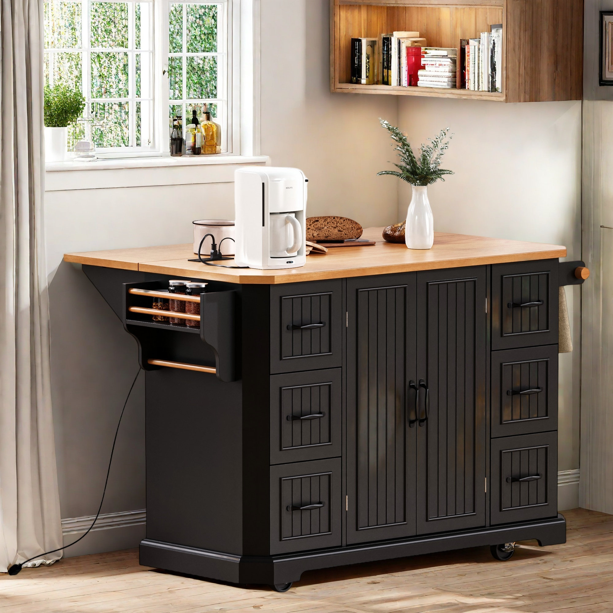 Lark Manor™ Rolling Kitchen Island With Wood Drop Leaf, Power Outlet, 4 ...