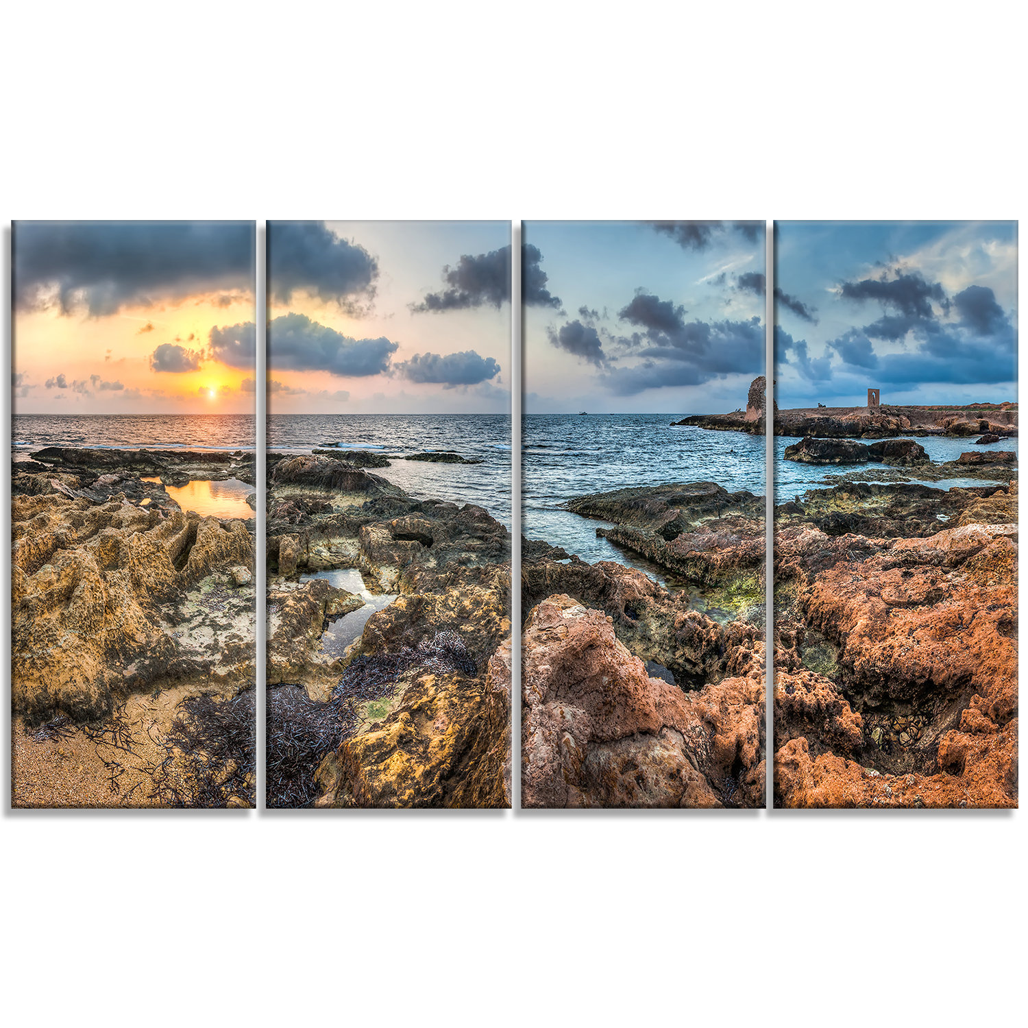 Design Art 'Rocky Blue Seashore Sunset' 4 Piece Photograph Set on ...