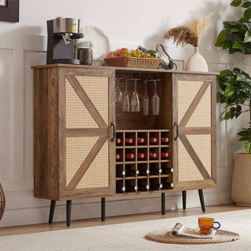 Gracie Oaks White Faux Rattan Barn Door Wine Cabinet with Wine Rack and ...