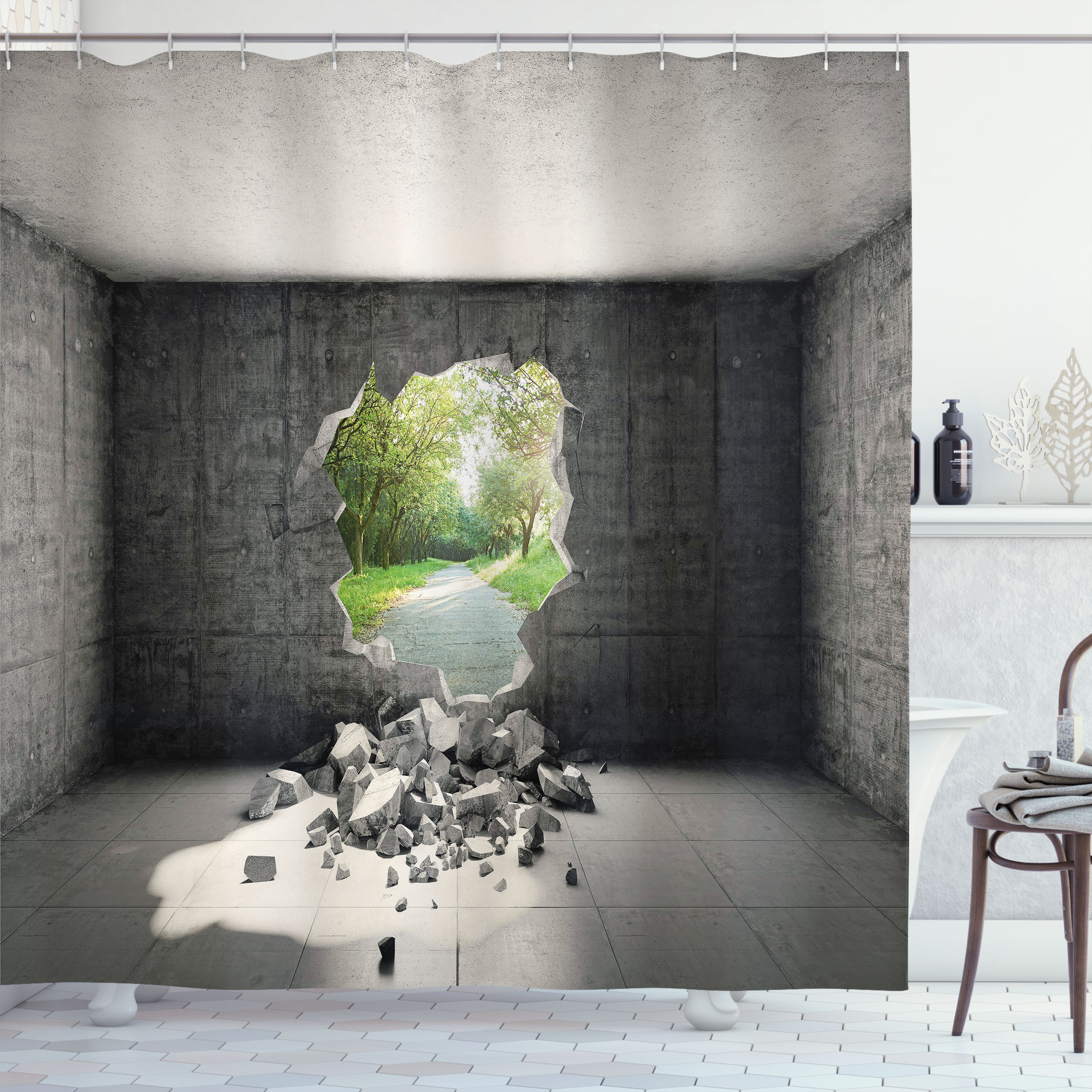 East Urban Home Grey Shower Curtain Concrete Room Hole Exit Grey Green ...