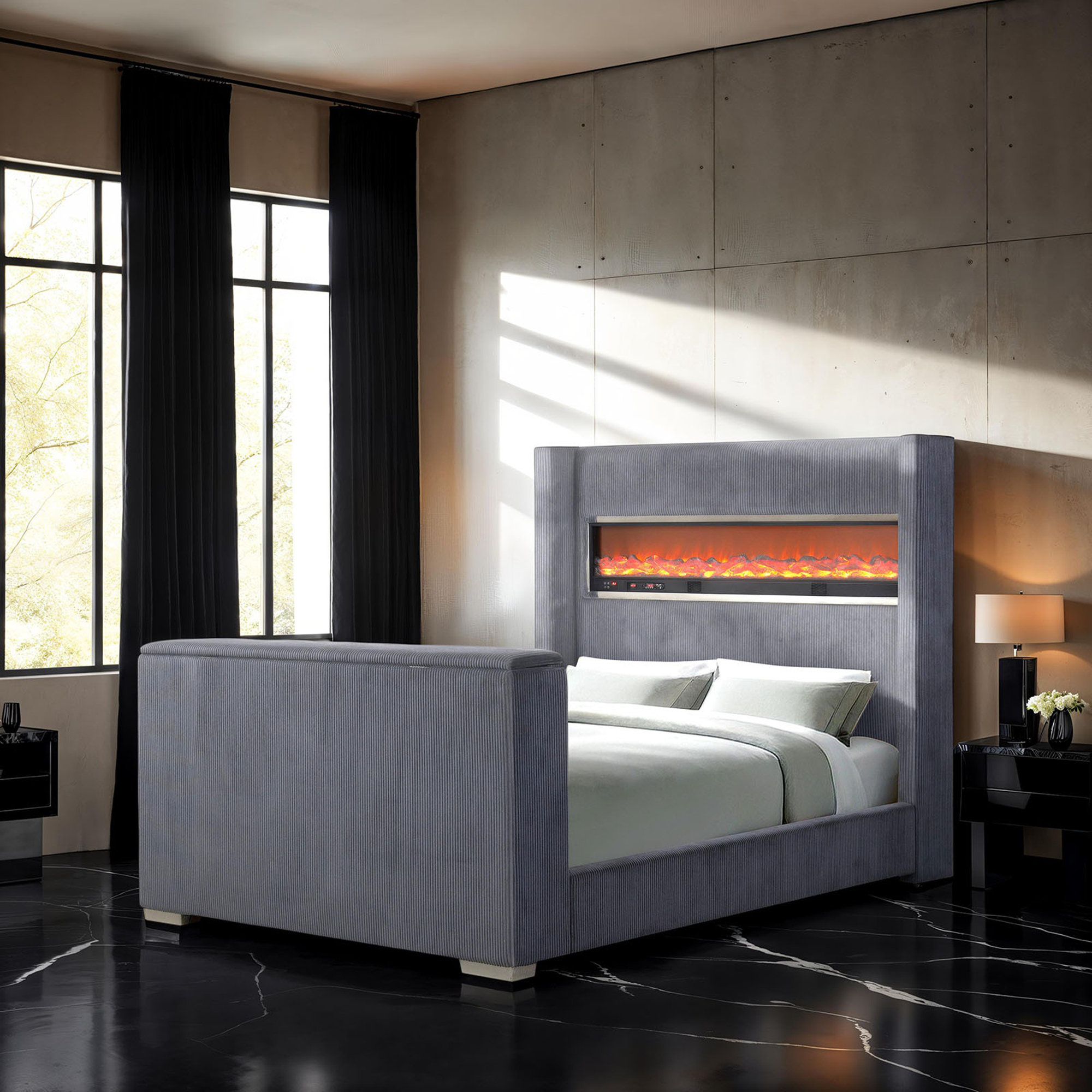 Mercer41 Black 1pc Queen Size Bed with Wingback Headboard & TV Lift ...