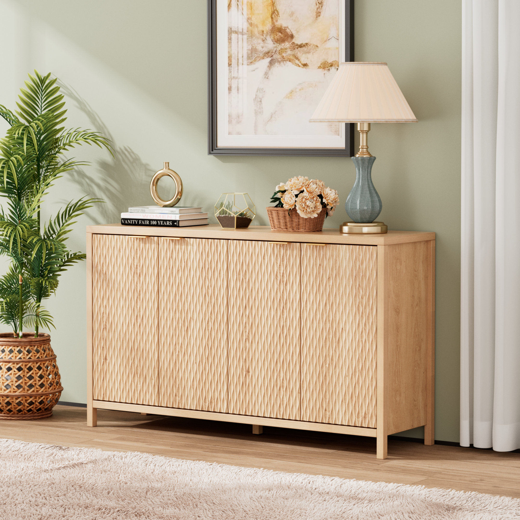 Ebern Designs Fluted Sideboard Buffet Cabinet with Adjustable Shelves, Storage Accent Cabinet ...