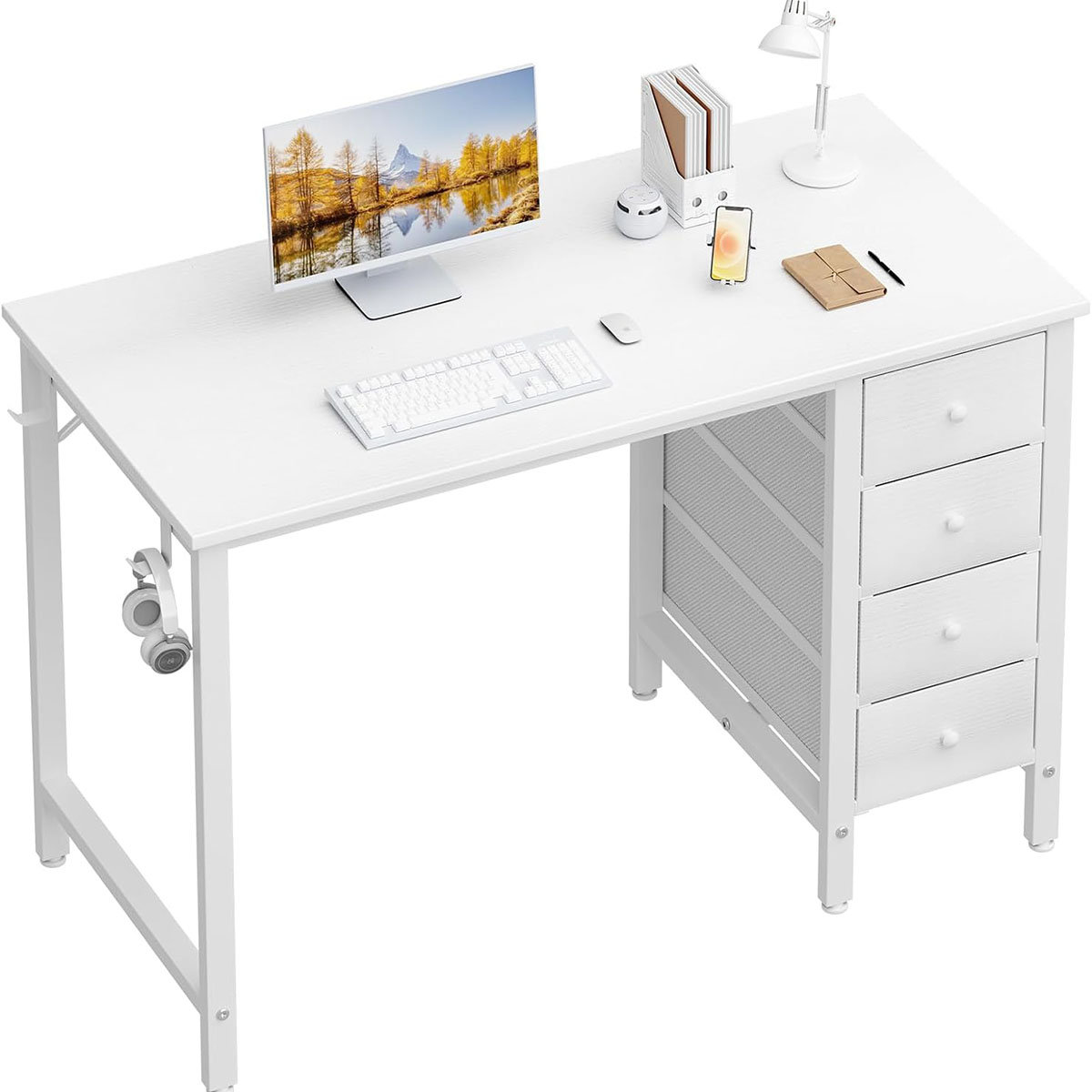 Ebern Designs Computer Desk With 4 Fabric Drawers, Reversible Writing ...