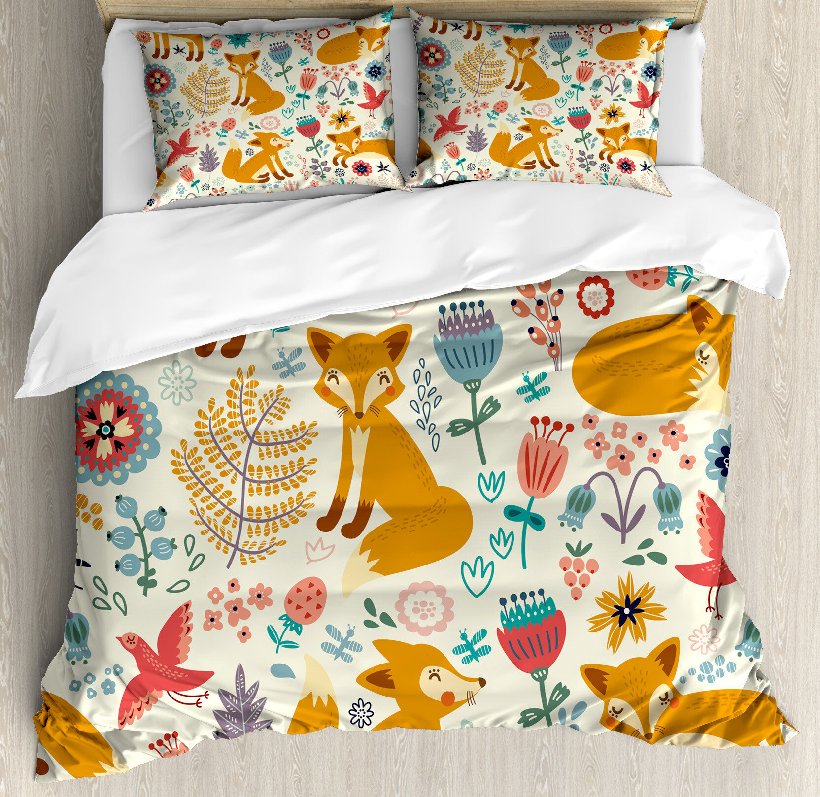 Ambesonne Fox Duvet Cover Set, Foxes Ornate Flowers Birds, Calking ...