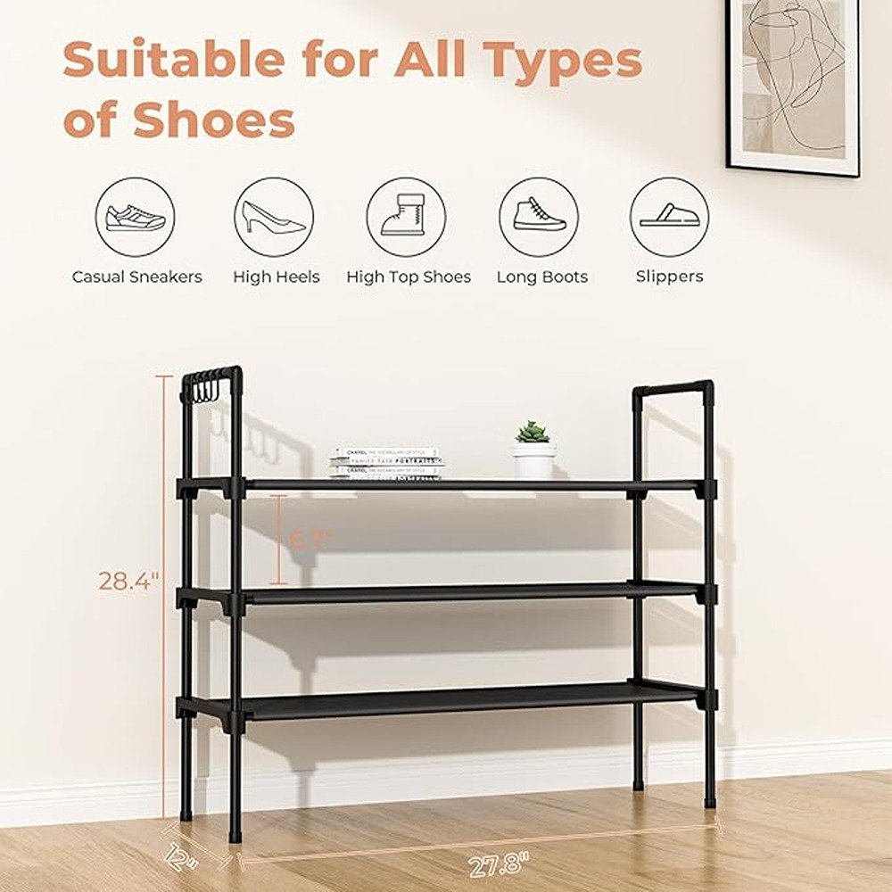Rebrilliant 3 Tier Shoe Rack For Closet, Shoe Organizer With 5 Hooks ...