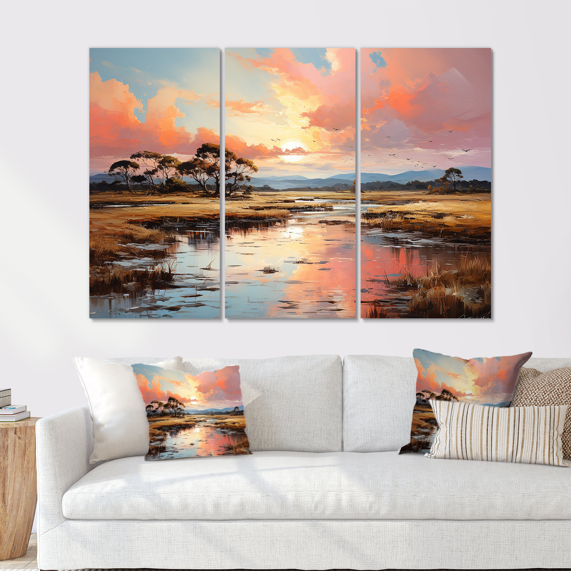 Lark Manor™ Pink Sunset Over Marsh Wetlands - Lake Wall Art Decor Set ...