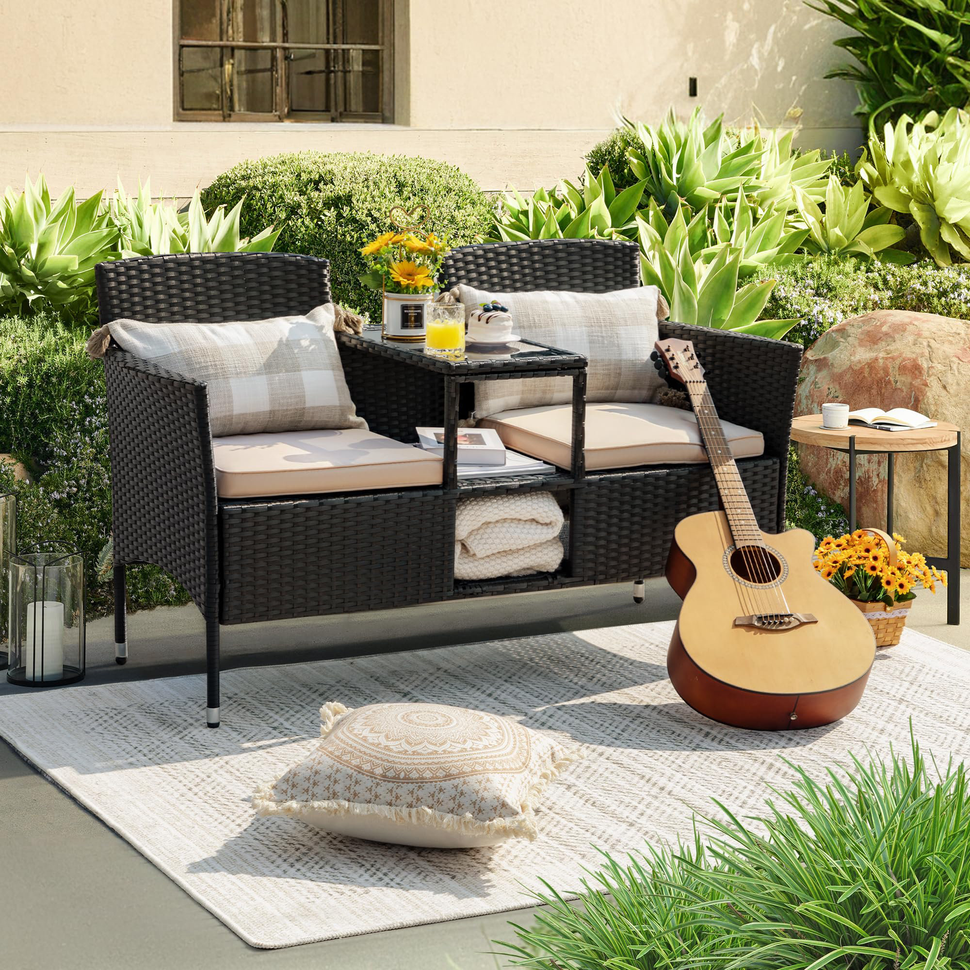 Winston Porter Outdoor Patio Loveseat Modern Rattan Double Patio Guest ...