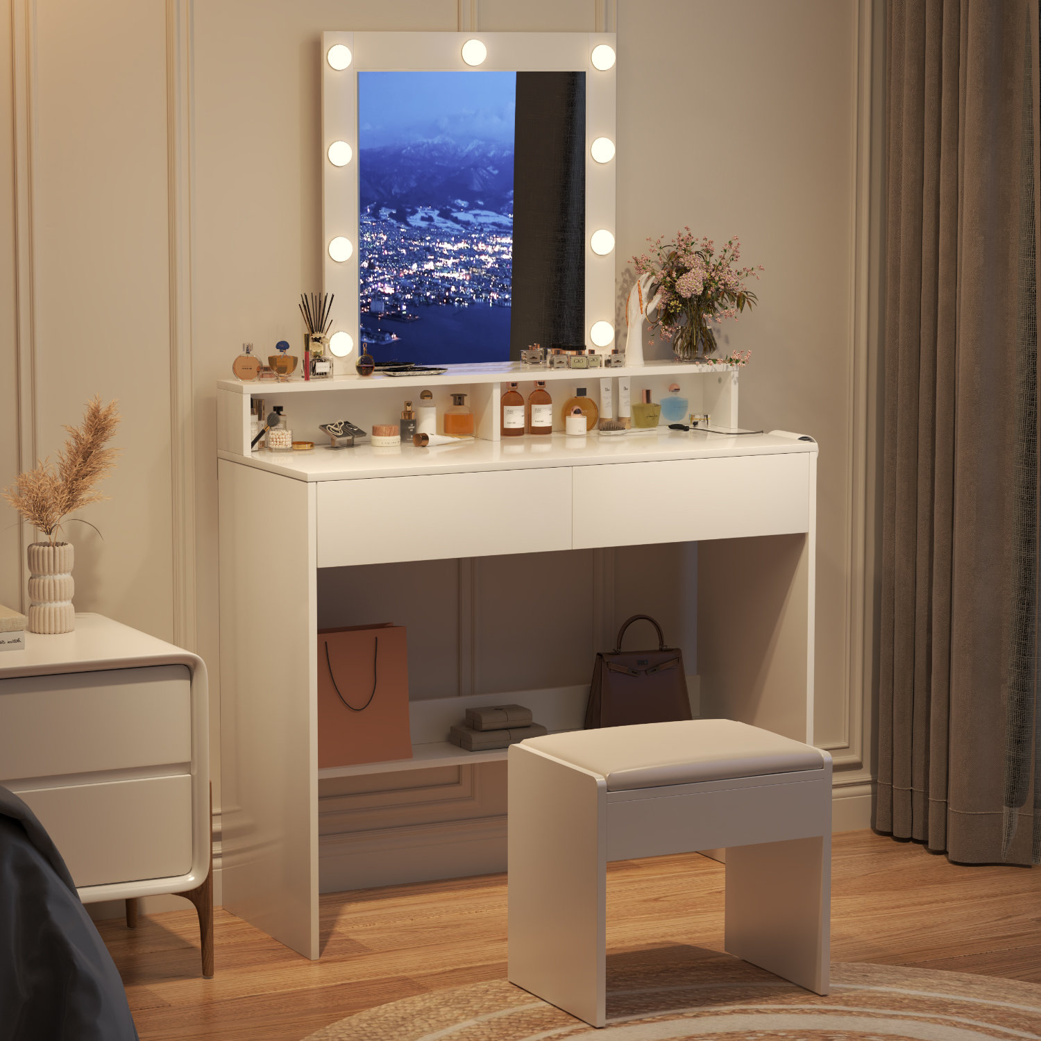 17 Stories Dressing Table With Dryer Hook 80cm Light Mirror Makeup ...