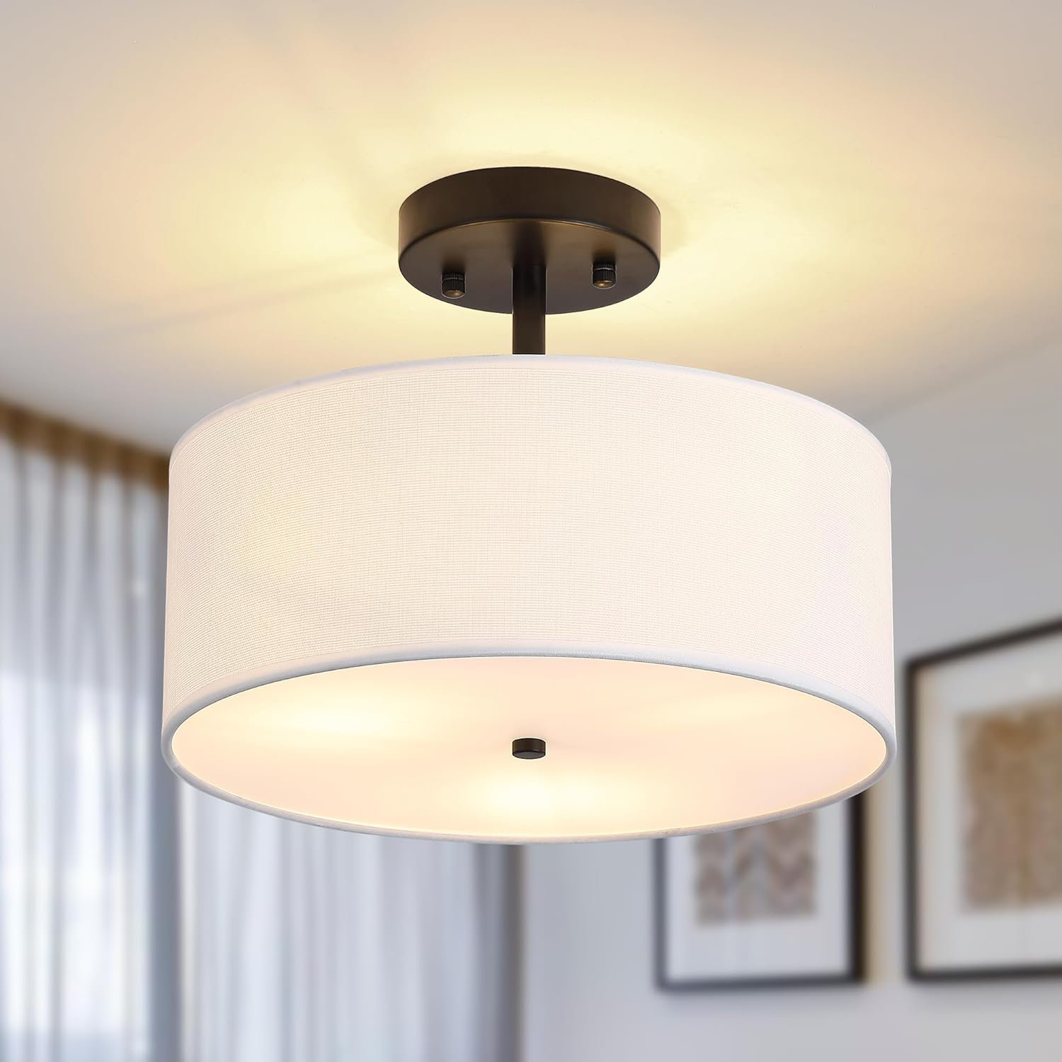 Latitude Run® Modern Drum Ceiling Light Fixture With White Fabric Shade ...