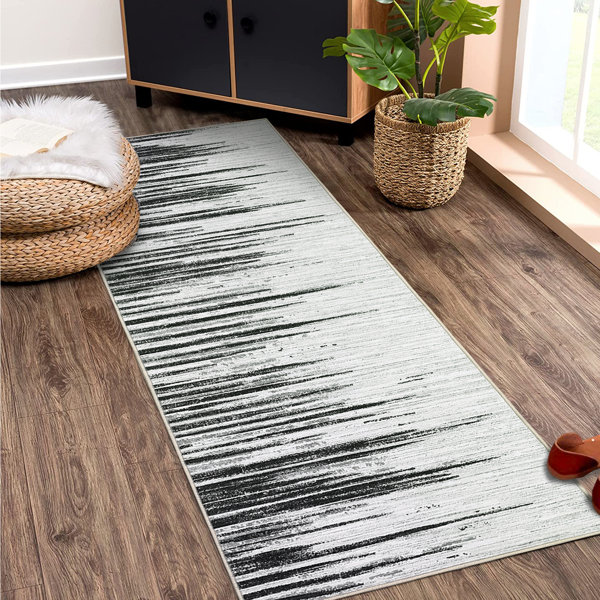 Ebern Designs Washable Indoor Abstract Area Rug Modern Low Pile Striped ...