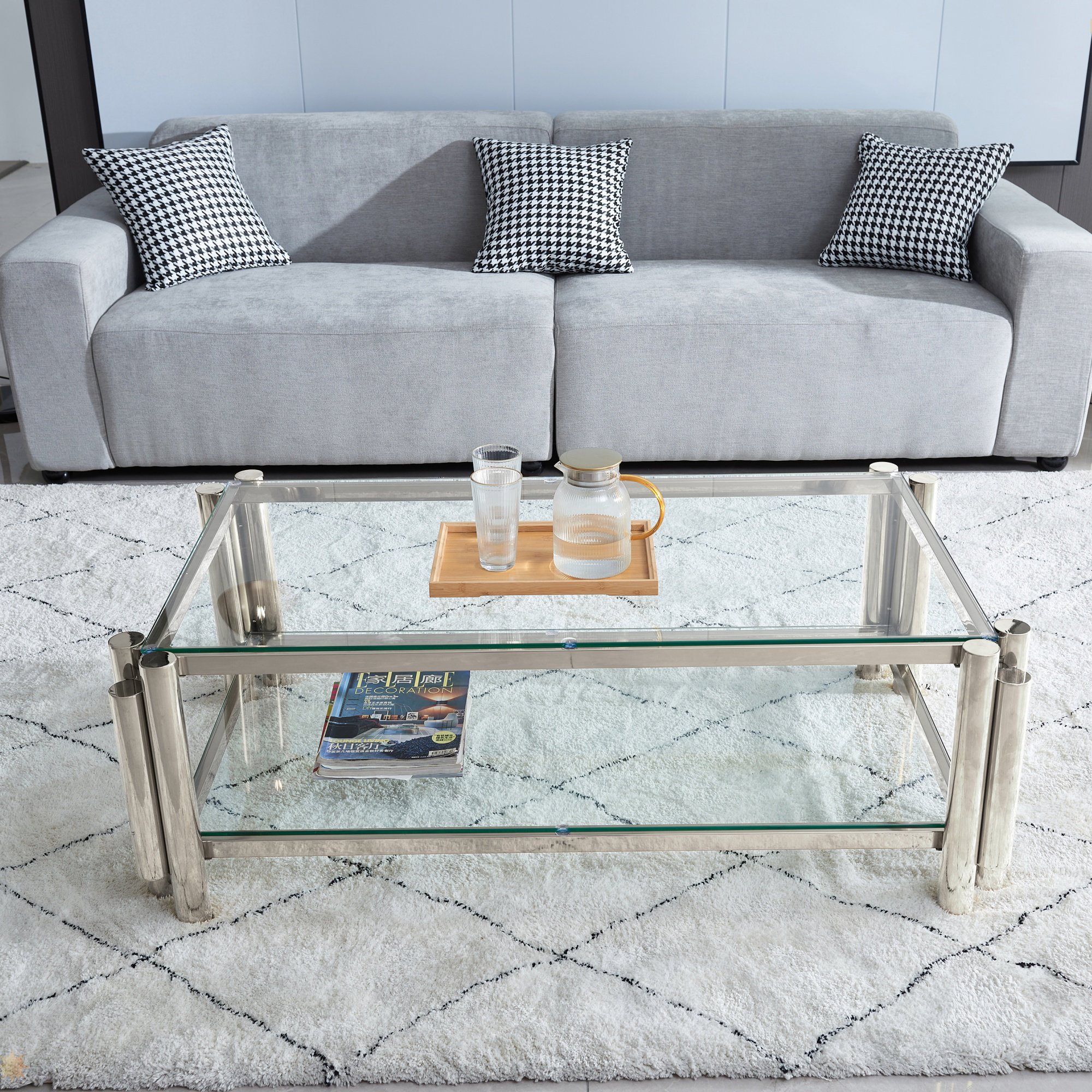 Mercer41 47" Wide Rectangle Modern Stainless Steel Coffee Table, Double ...