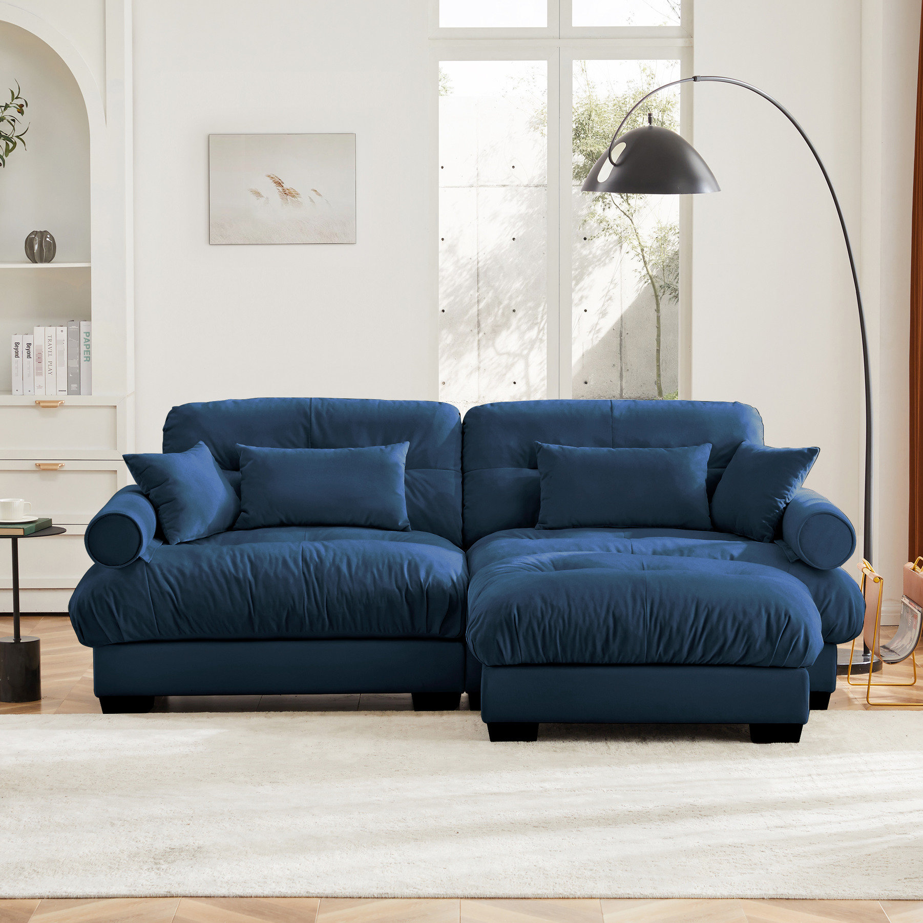 Everly Quinn Modern Blue Velvet Two - Seater With And Round Bolster ...
