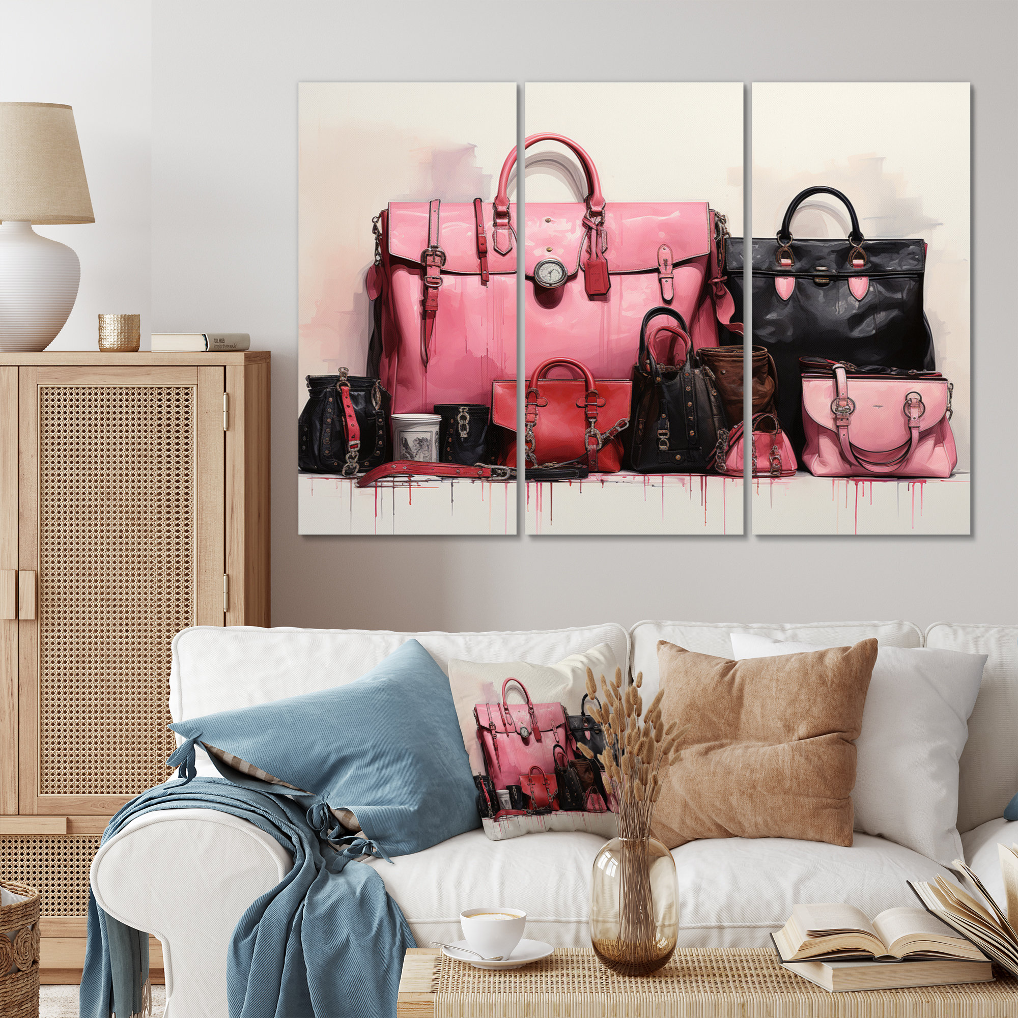 House of Hampton® Pink Designer Bags Glamour I On Canvas 3 Pieces Print ...
