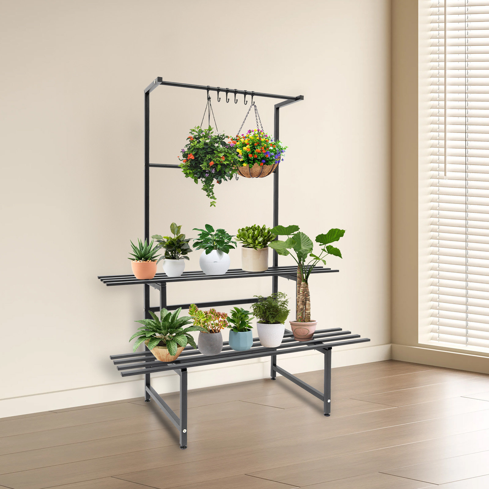 Arlmont & Co. 2 Tier Plant Stand With Hanging Rods Metal Plant Holder ...