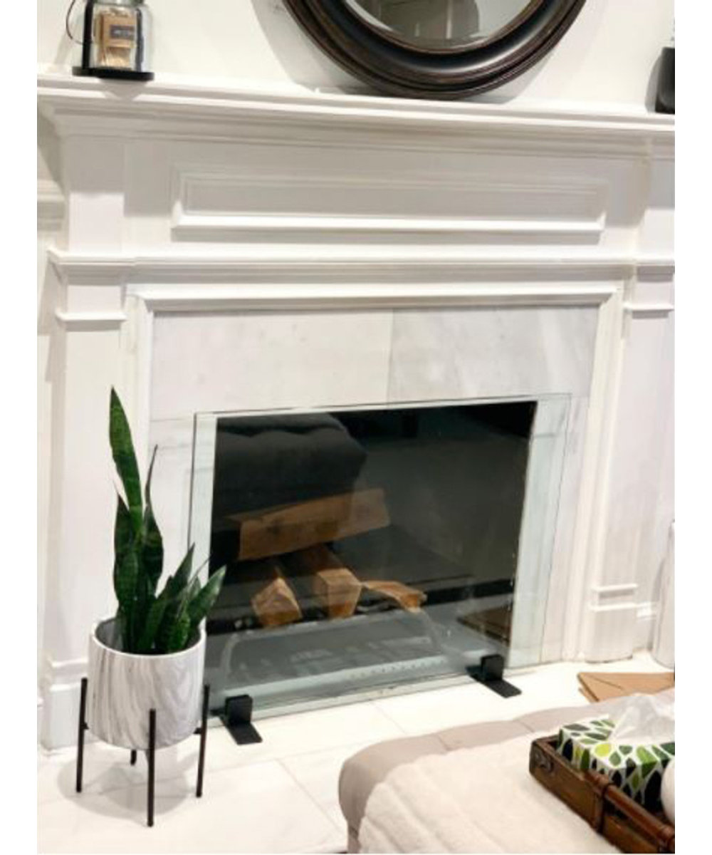 AMS Fireplace Modern Free Standing Clear Glass Fireplace Screen with ...