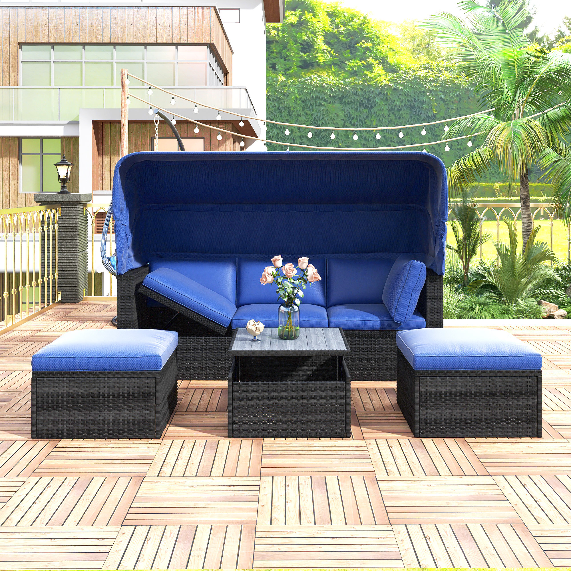 Ebern Designs Outdoor Patio Rectangle Daybed With Retractable Canopy ...