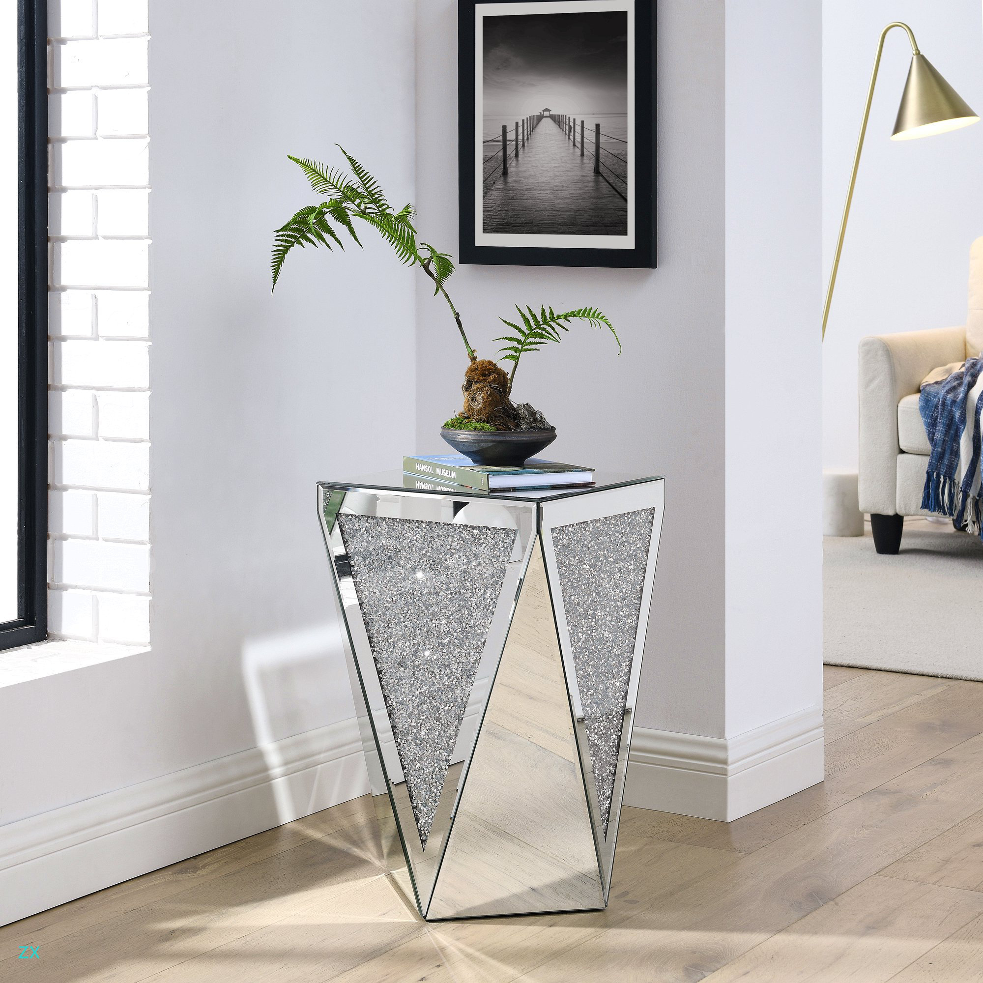 Mercer41 Inverted Triangular Mirror Square Table, Crystal Diamond Inlaid Coffee Table, Glass ...