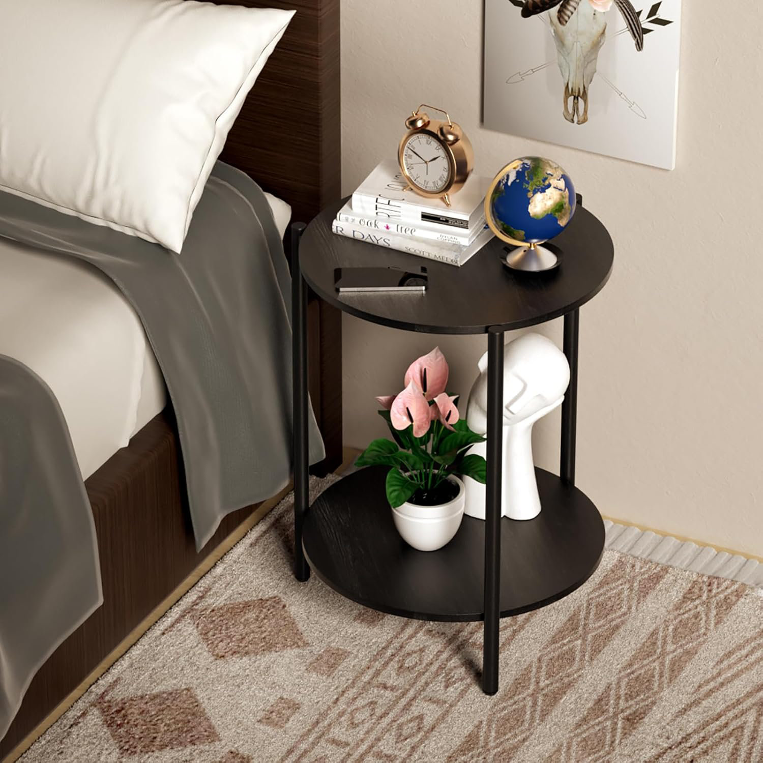 17 Stories Round Side Table, 2-Tier Circle End Tables With Storage Wood ...