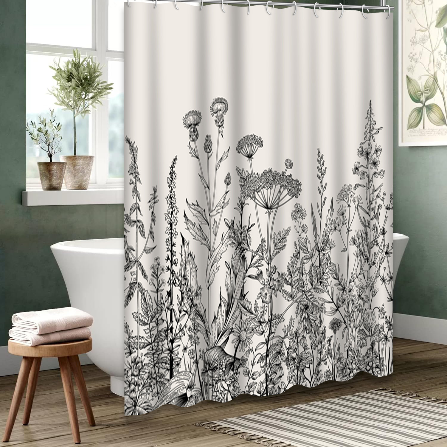 East Urban Home Flower White Waterproof Shower Curtain,Floral Border ...