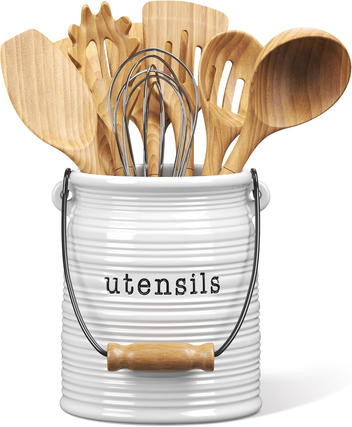 Gracie Oaks Ceramic Farmhouse Kitchen Utensil Holder For Countertop ...