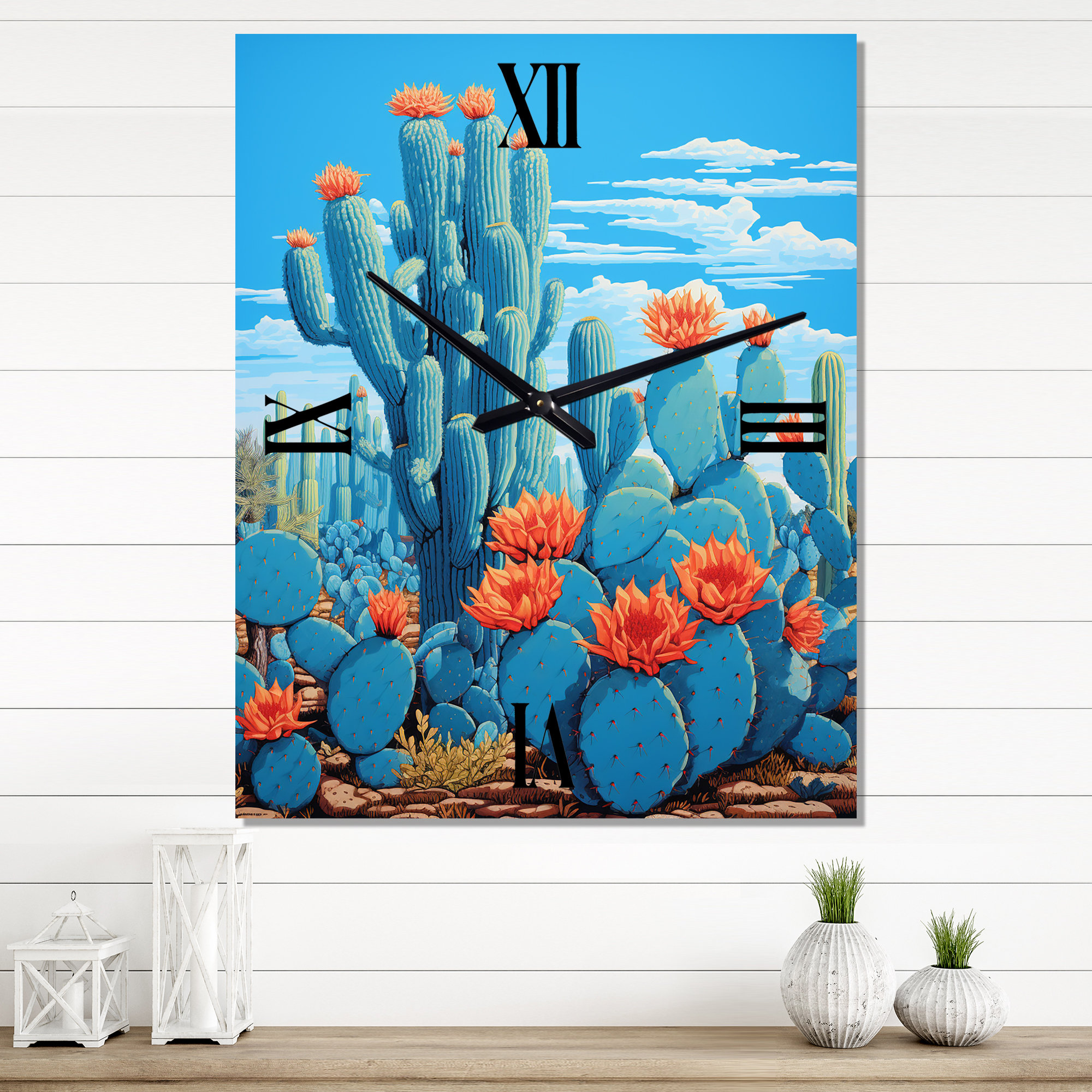 East Urban Home Cerulean Blue Cactus Collage - Cactus Wall Clocks | Wayfair