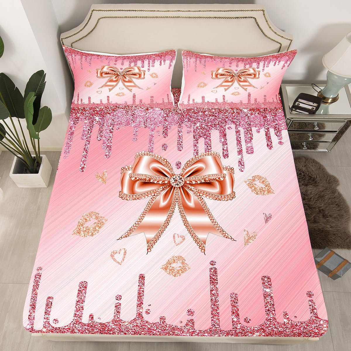 AMIPOR Feelyou Pink Bowknot Fitted Sheet Queen Size Kids Glitter Print ...