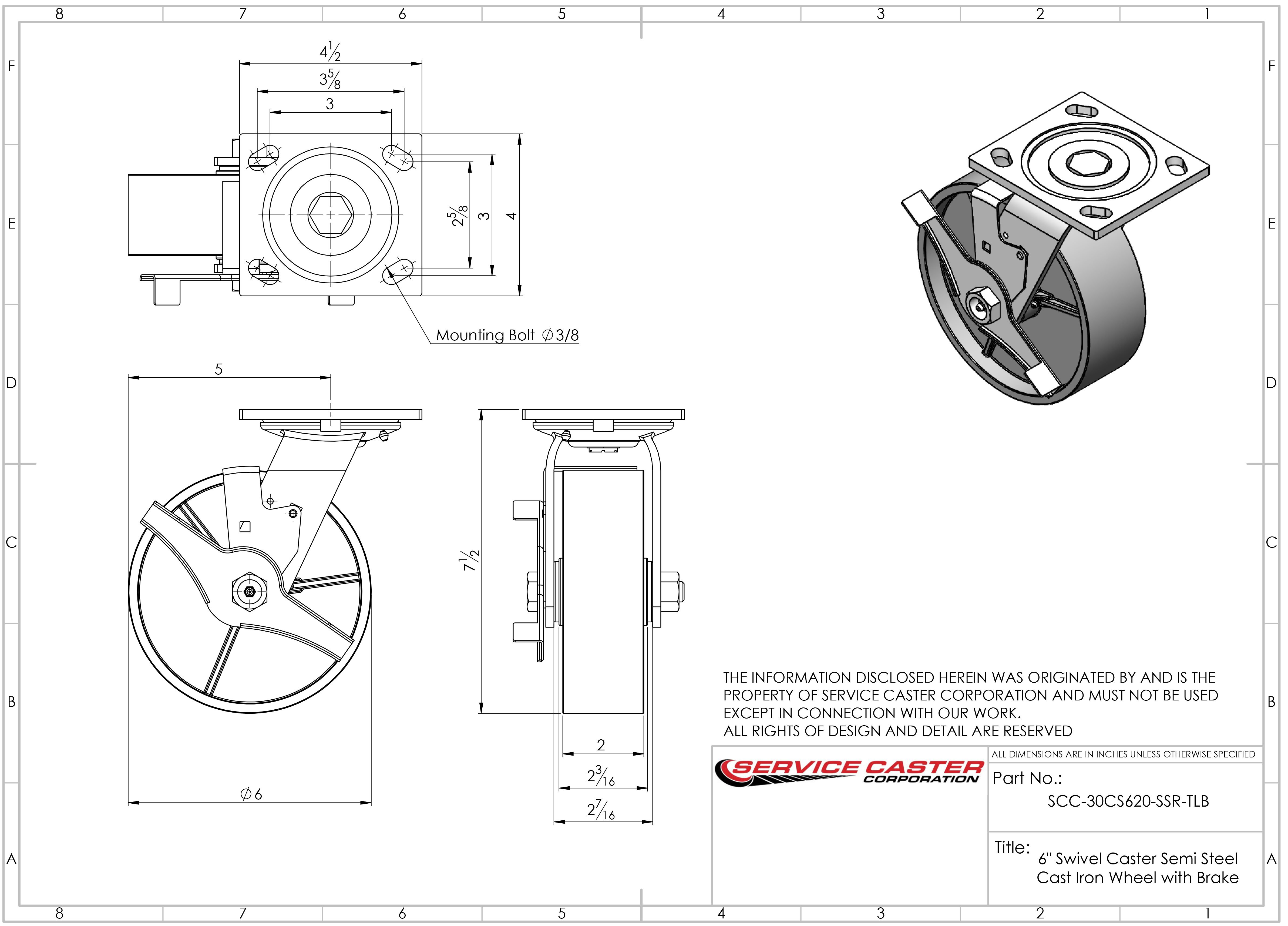 Service Caster Semi Steel Caster Set with Roller Bearings 4 Brake 2 ...