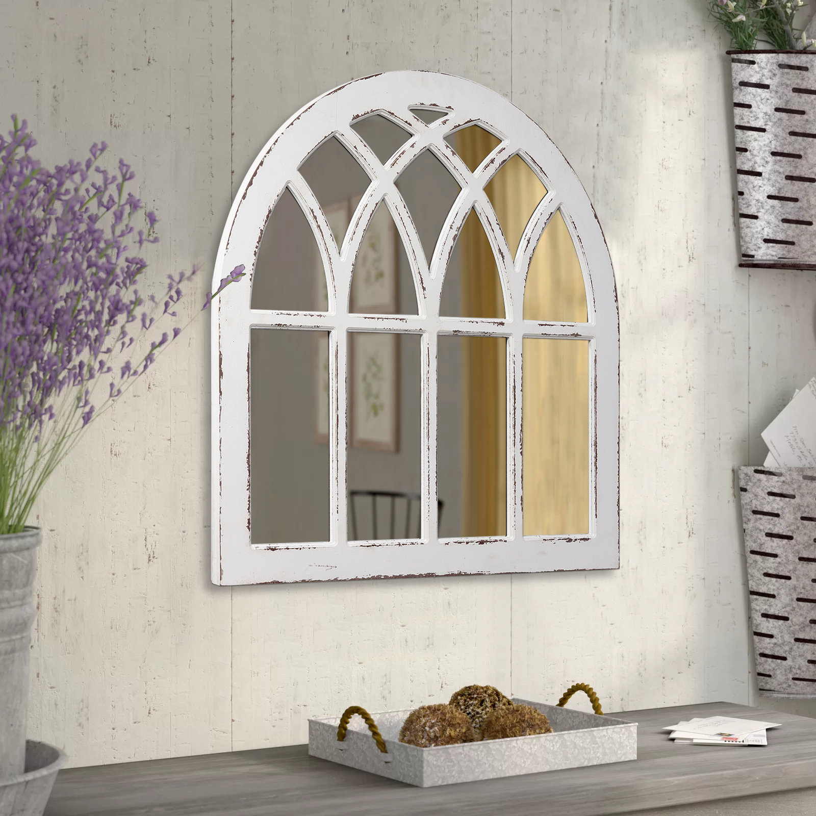 Gracie Oaks Vintage White Arched Window Mirrors For Wall Decor, Rustic ...