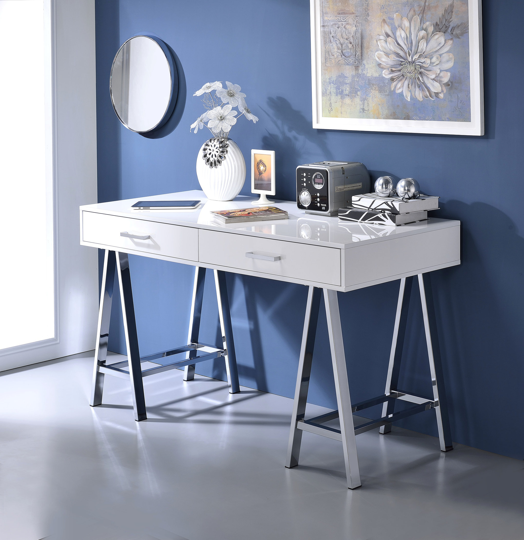 Latitude Run® Desk, High Gloss & Chrome Finish Writing Desk With USB ...
