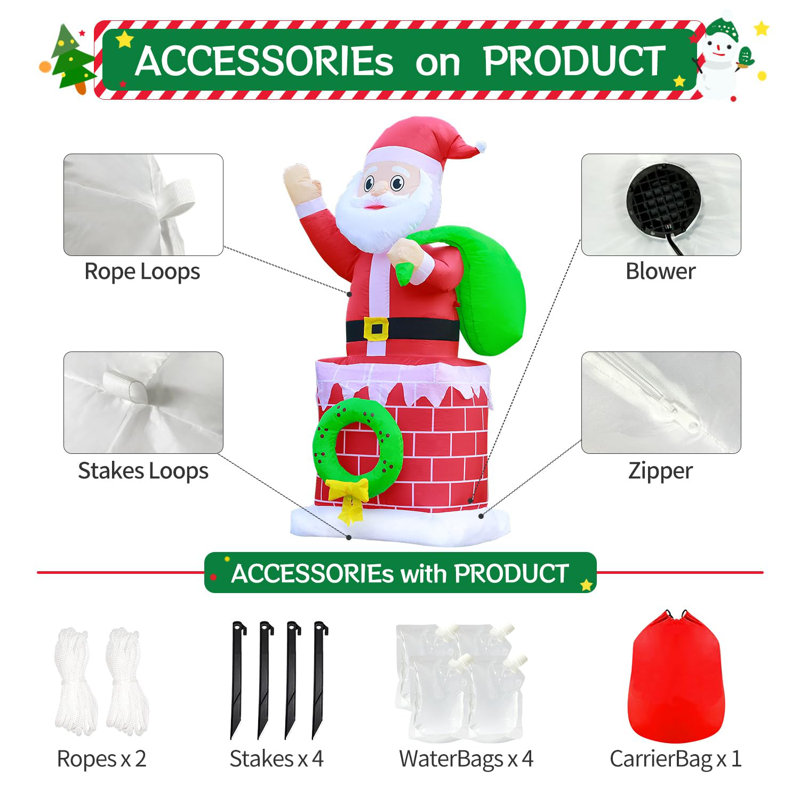 The Holiday Aisle® 6FT Chimney Santa Claus Inflatable with LED Lights ...