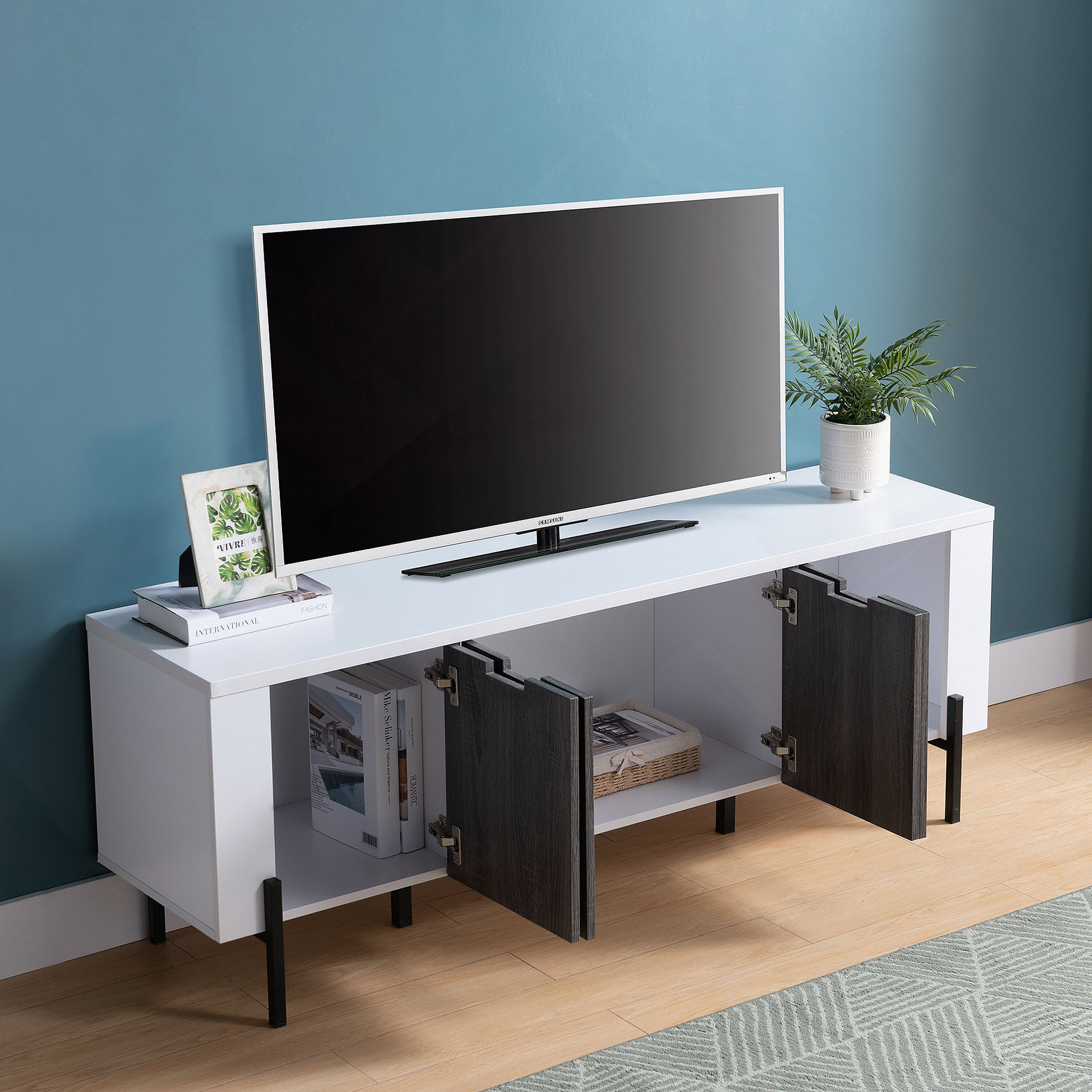Ebern Designs 60" Two- Toned TV Stand with Four Cabinet Doors, Storage ...