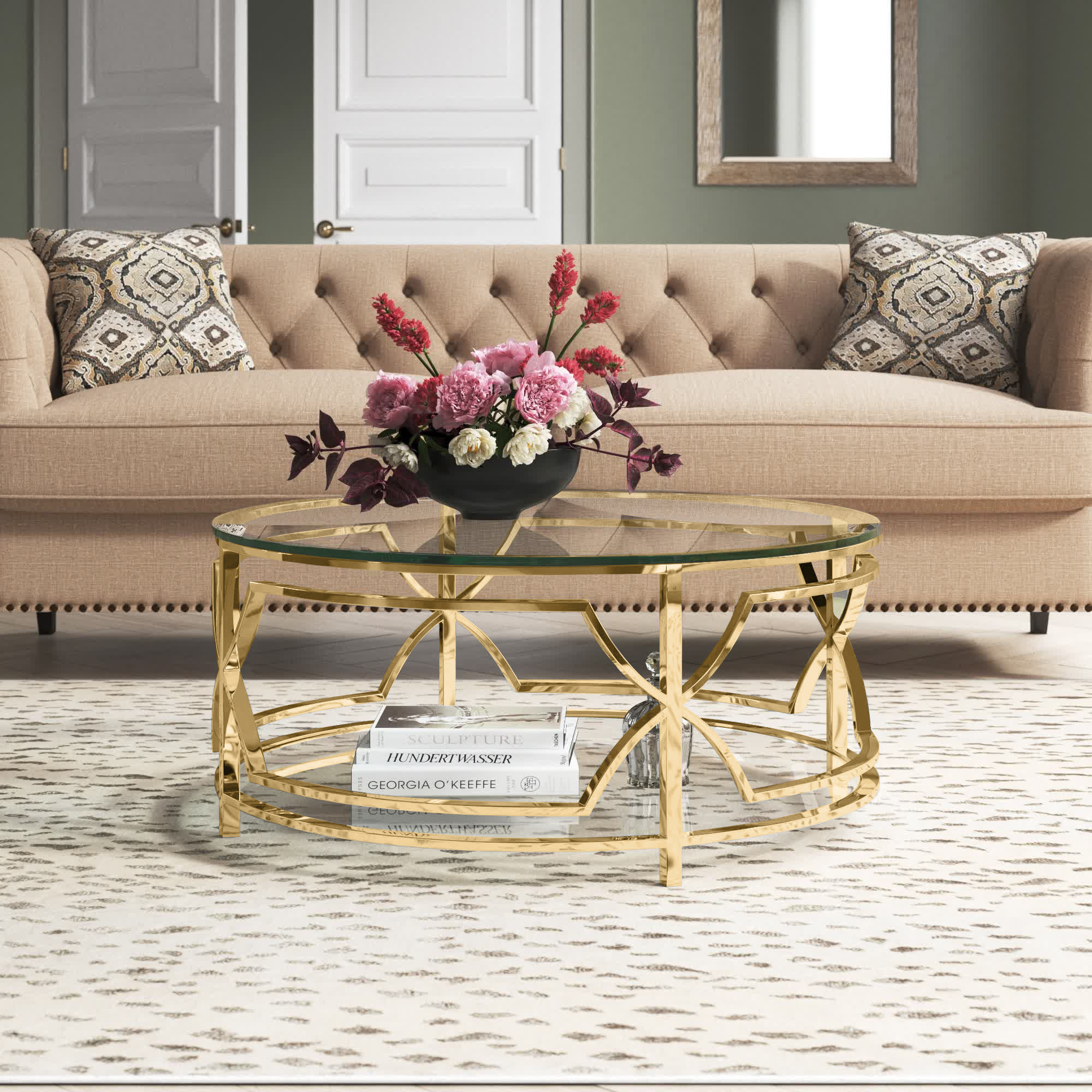 Everly Quinn Pangea Home Edward Floor Shelf Round Coffee Table with ...