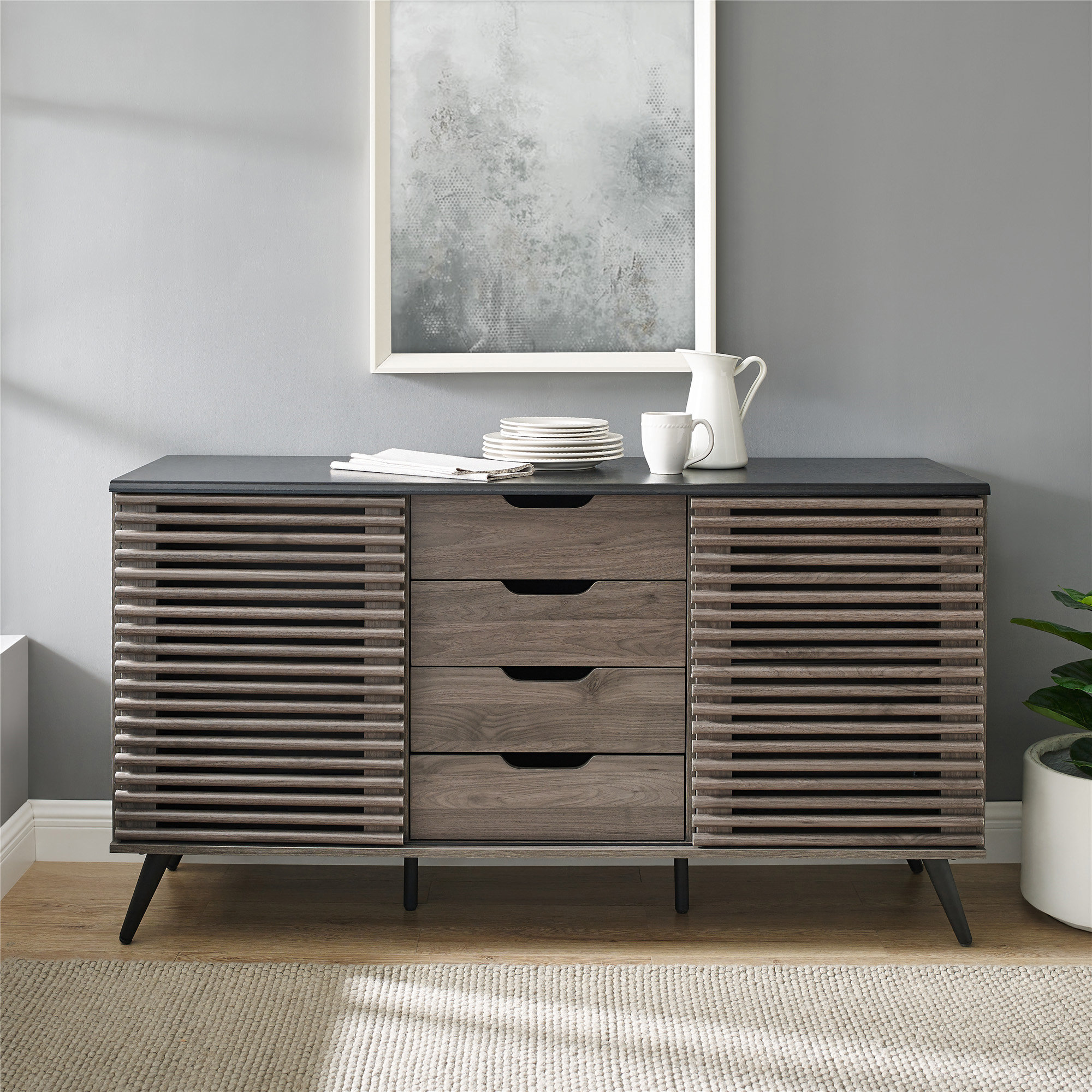 Corrigan Studio® Contemporary Sliding Slat-Door Sideboard - Ebony/Slate ...
